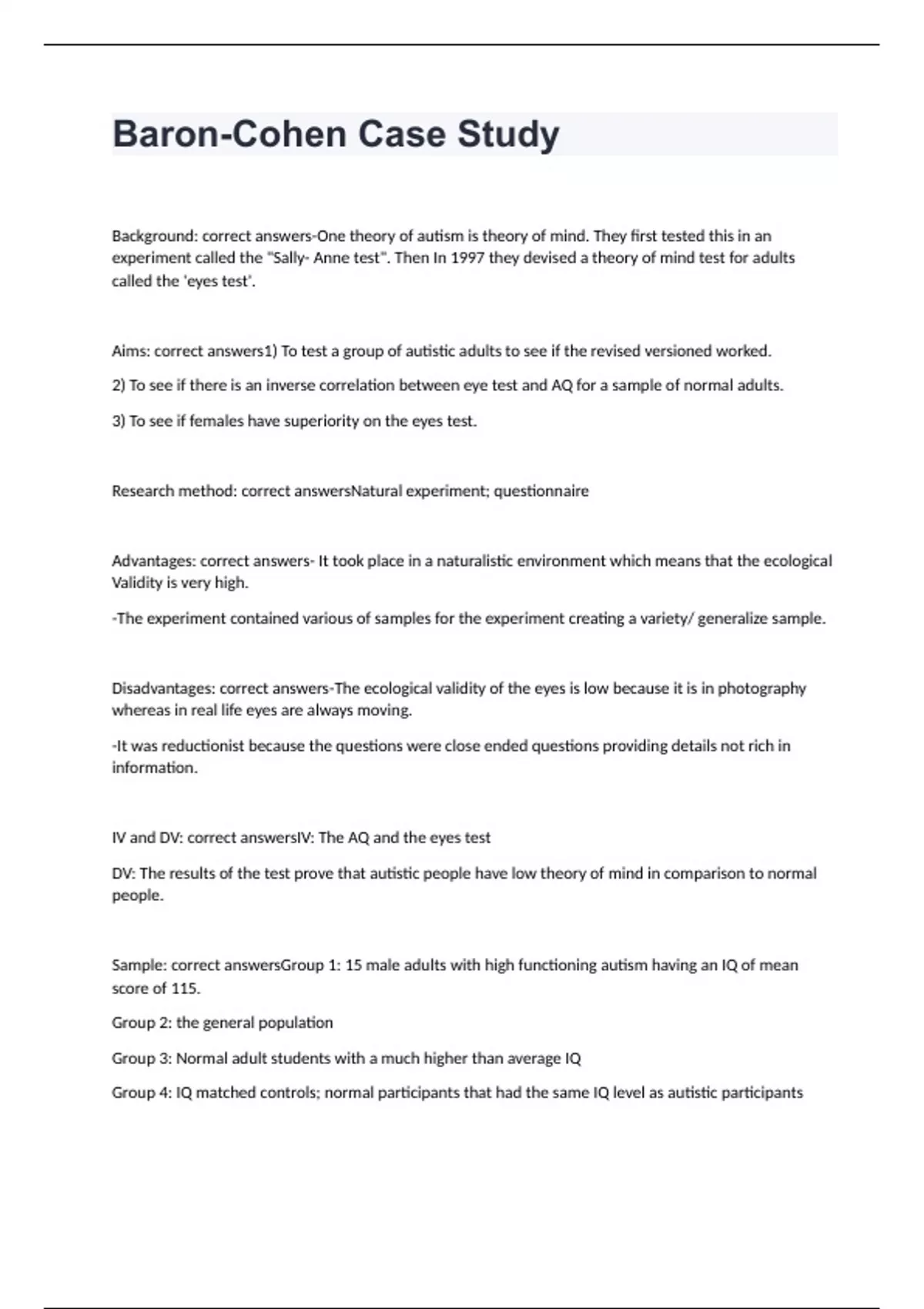 Baron-Cohen Case Study exam 2024 with verified solutions - Baron-Cohen Case St - Stuvia US