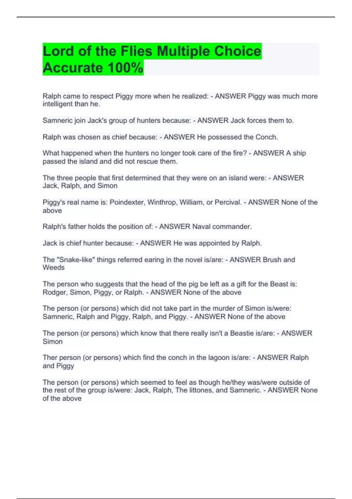 Lord of the Flies Multiple Choice Accurate 100% - Lord of the Flies ...