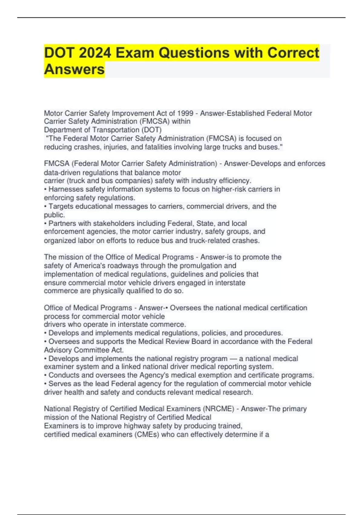 DOT 2024 Exam Questions with Correct Answers - DOT - Stuvia US