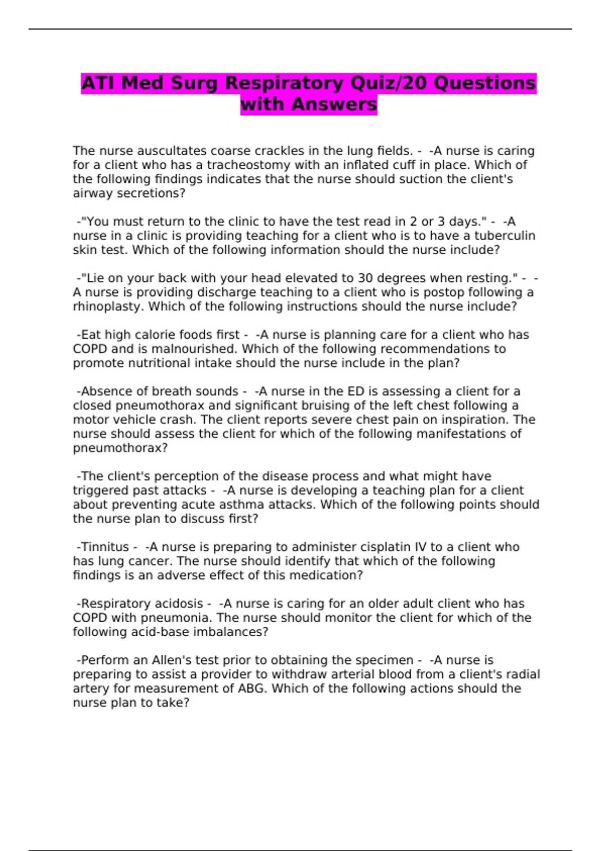 ATI Med Surg Respiratory Quiz/20 Questions with Answers - ATI Med Surg ...