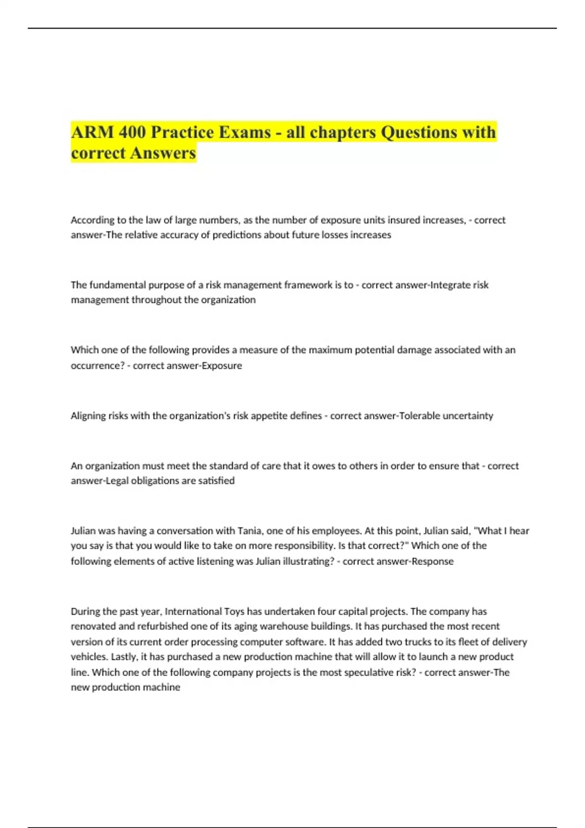 ARM 400 Practice Exams - all chapters Questions with correct Answers ...