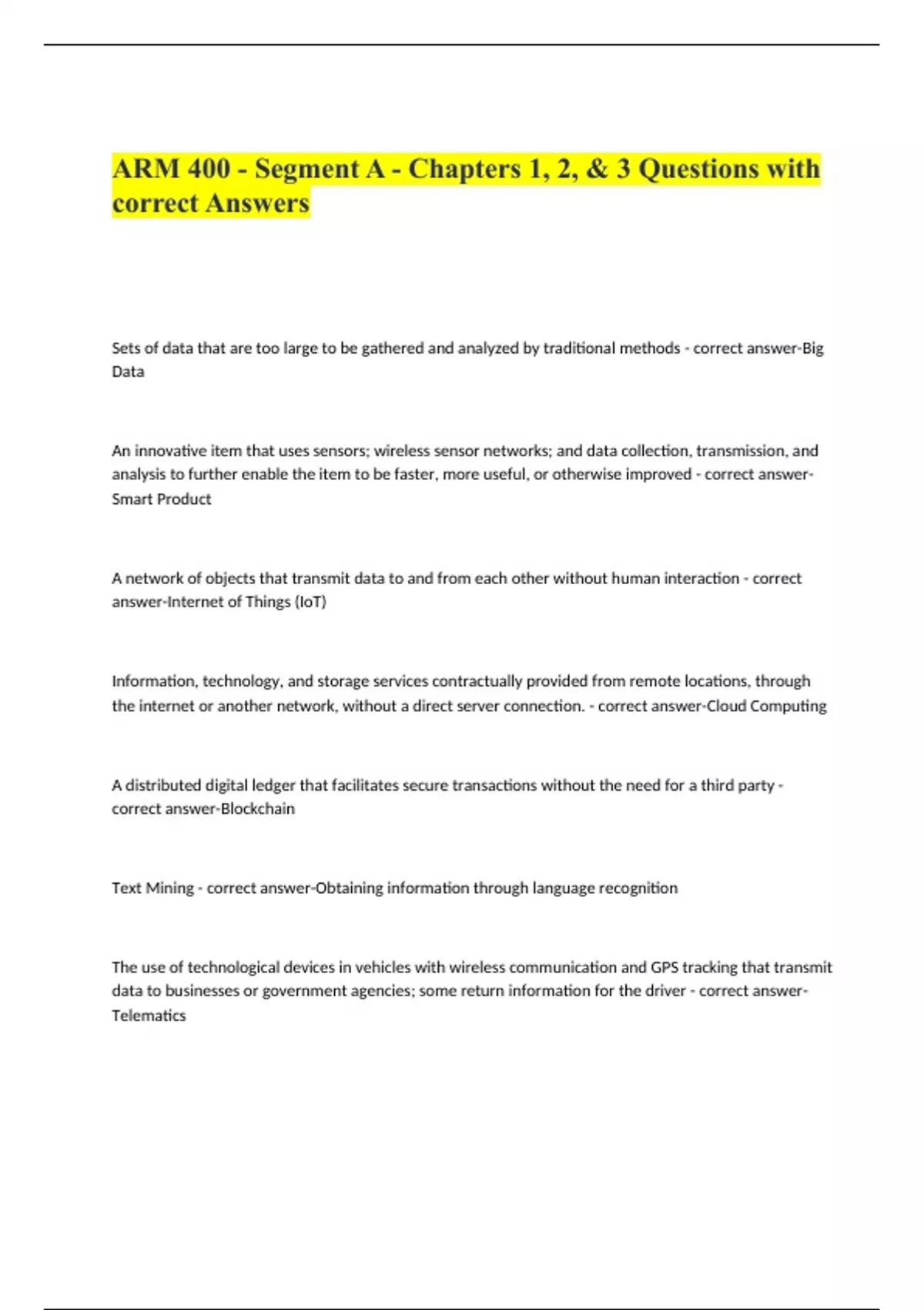 ARM 400 - Segment A - Chapters 1, 2, & 3 Questions with correct Answers ...