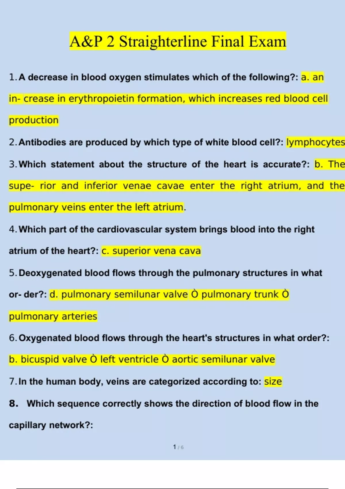 A&P 2 Straighterline Final Exam Questions and Answers (2024 / 2025 ...