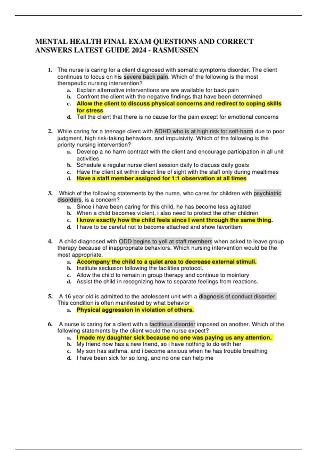 (RASMUSSEN) MENTAL HEALTH FINAL EXAM QUESTIONS AND CORRECT ANSWERS 2024 ...