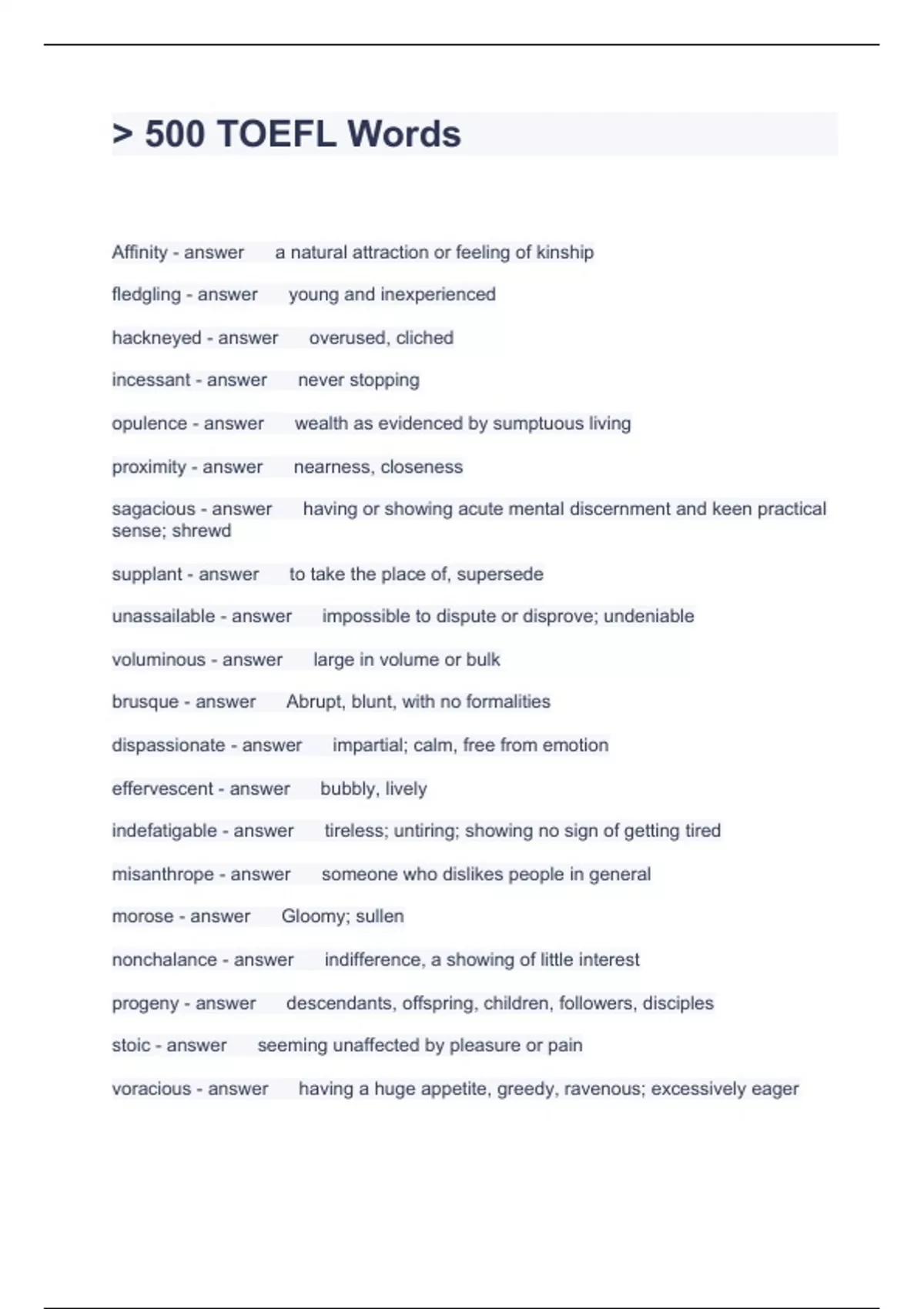 500 TOEFL Words Questions with Accurate Answers 2024 - Toefl - Stuvia US