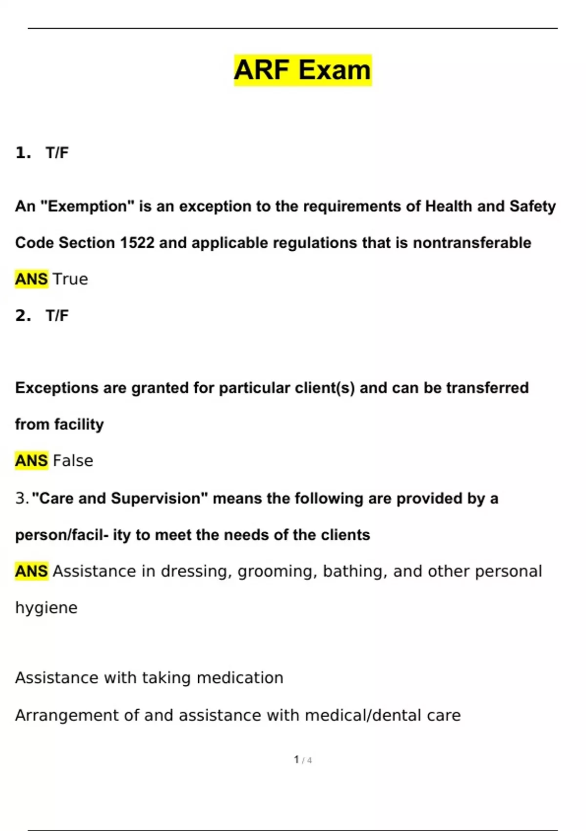 Adult Residential Facility (ARF) Exam Questions and Answers (2024 / 2025) (Verified Answers)PDF ...