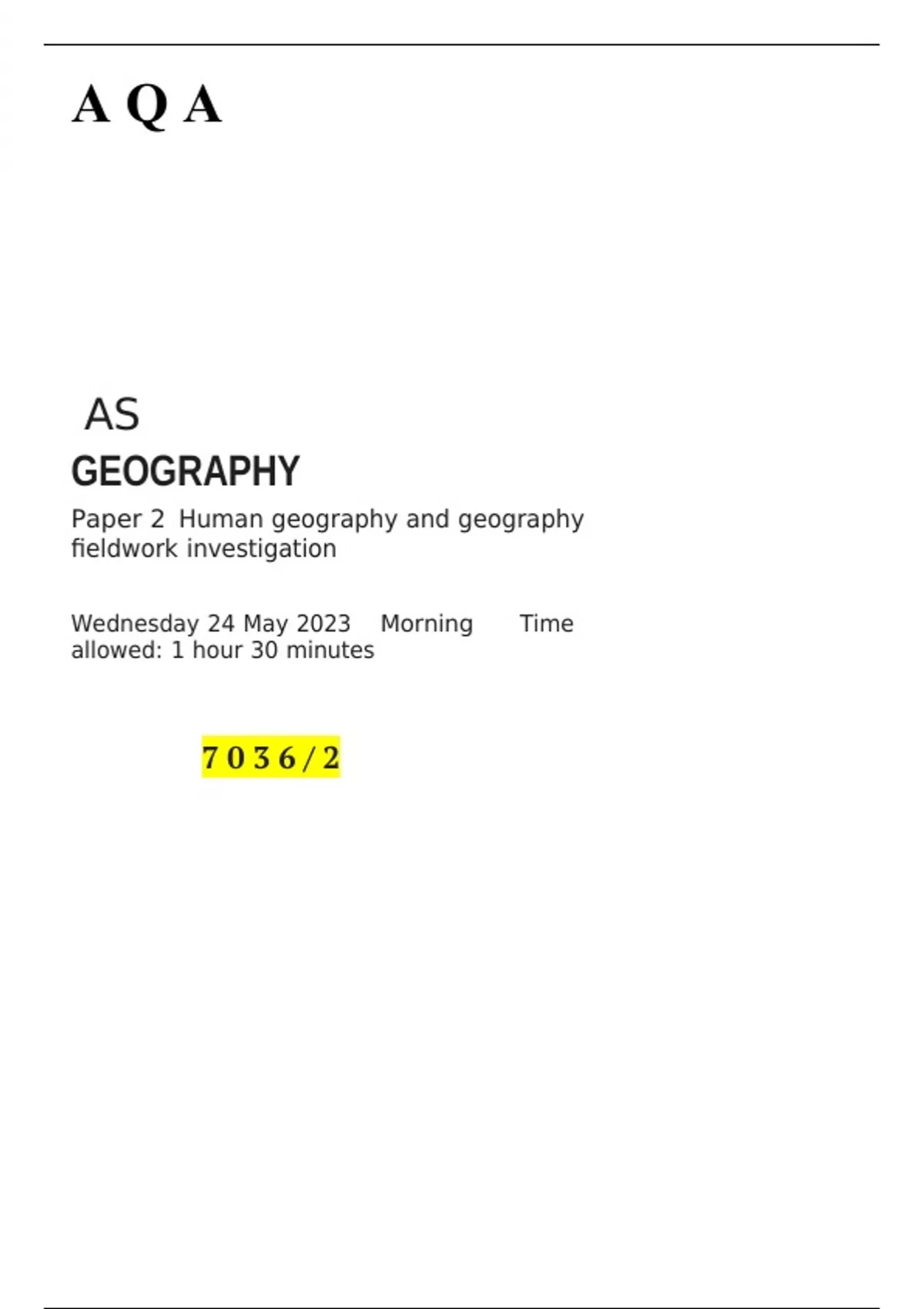 AQA AS Level GEOGRAPHY paper 2 QUESTION PAPER June 2023 - AQA GEOGRAPHY ...