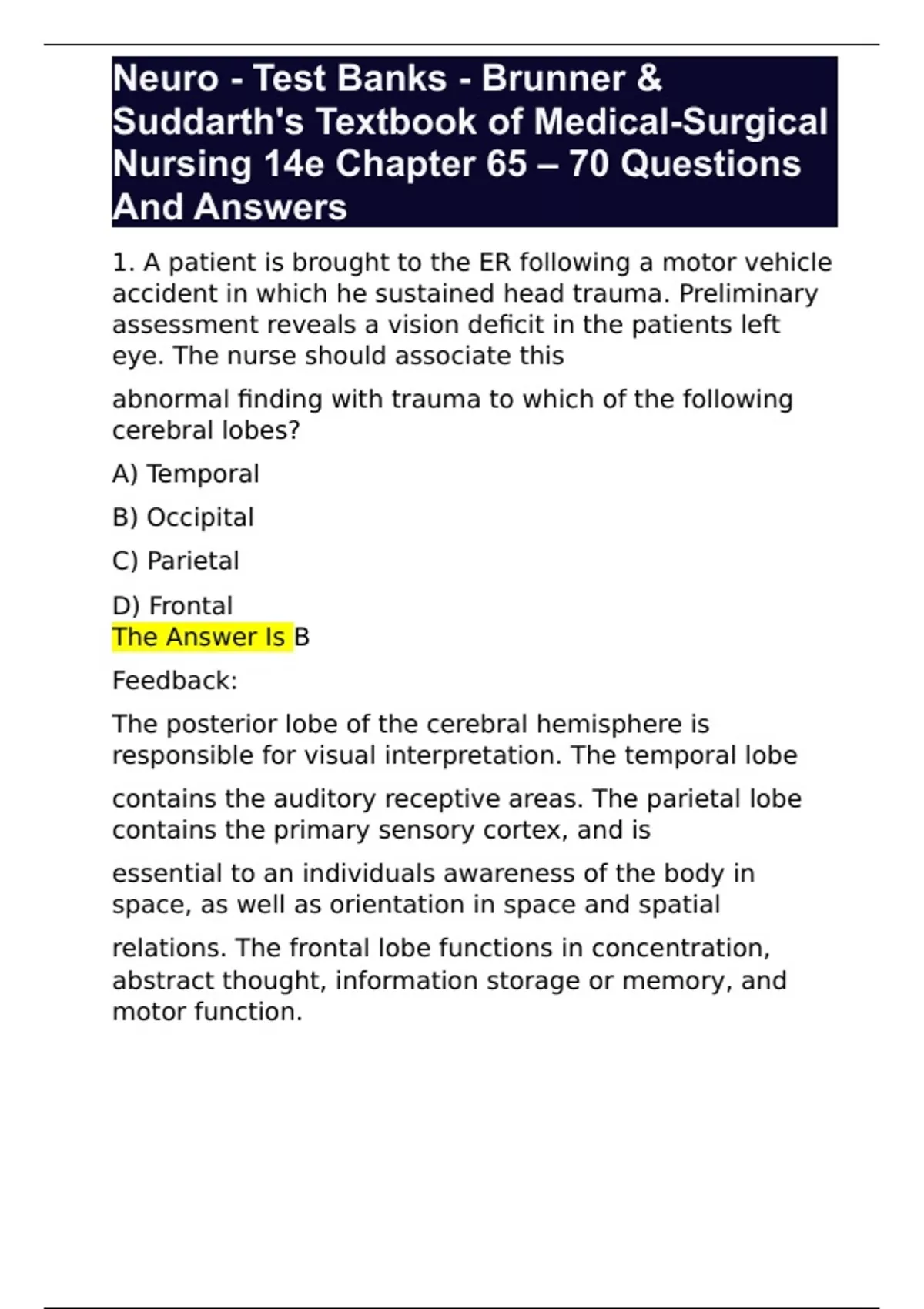 Neuro - Test Banks - Brunner & Suddarth's Textbook of Medical-Surgical ...