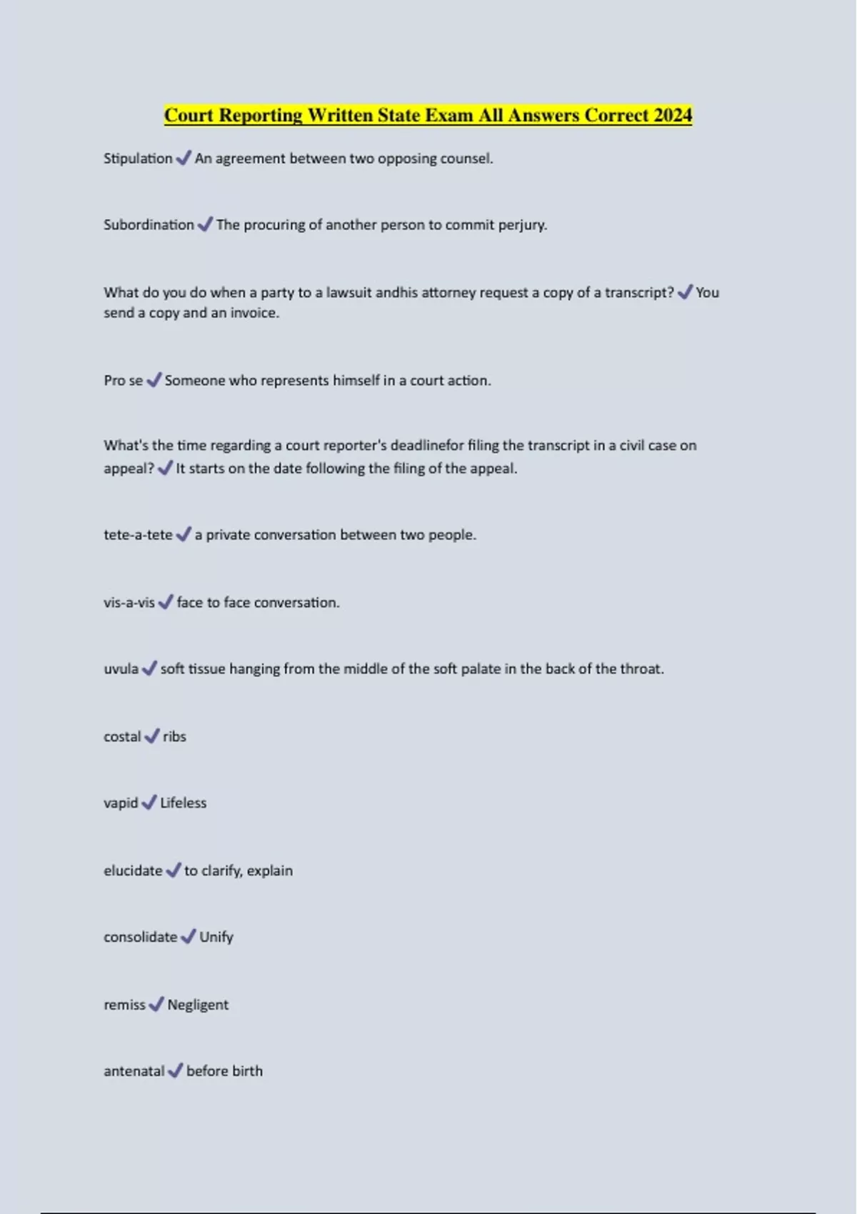 Court Reporting Written State Exam All Answers Correct 2024 - Court ...