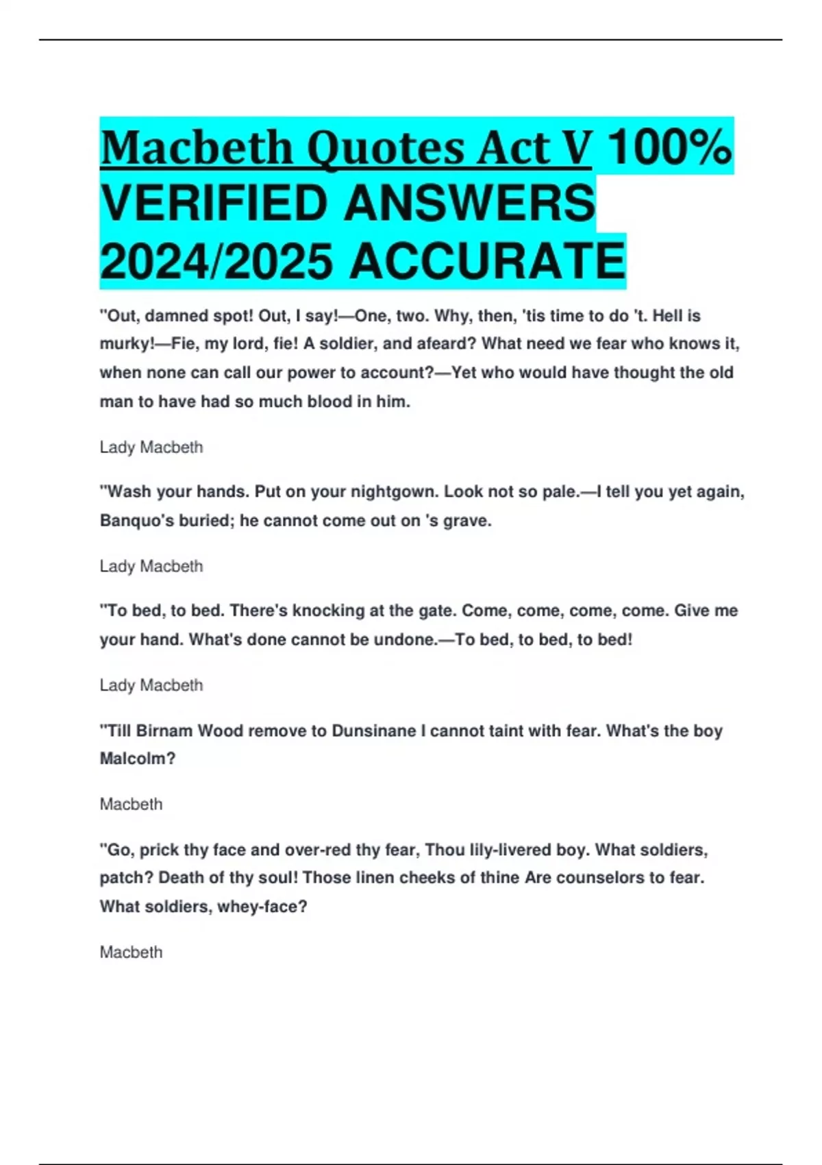 Macbeth Quotes Act V 100% VERIFIED ANSWERS 2024/2025 ACCURATE - Macbeth ...