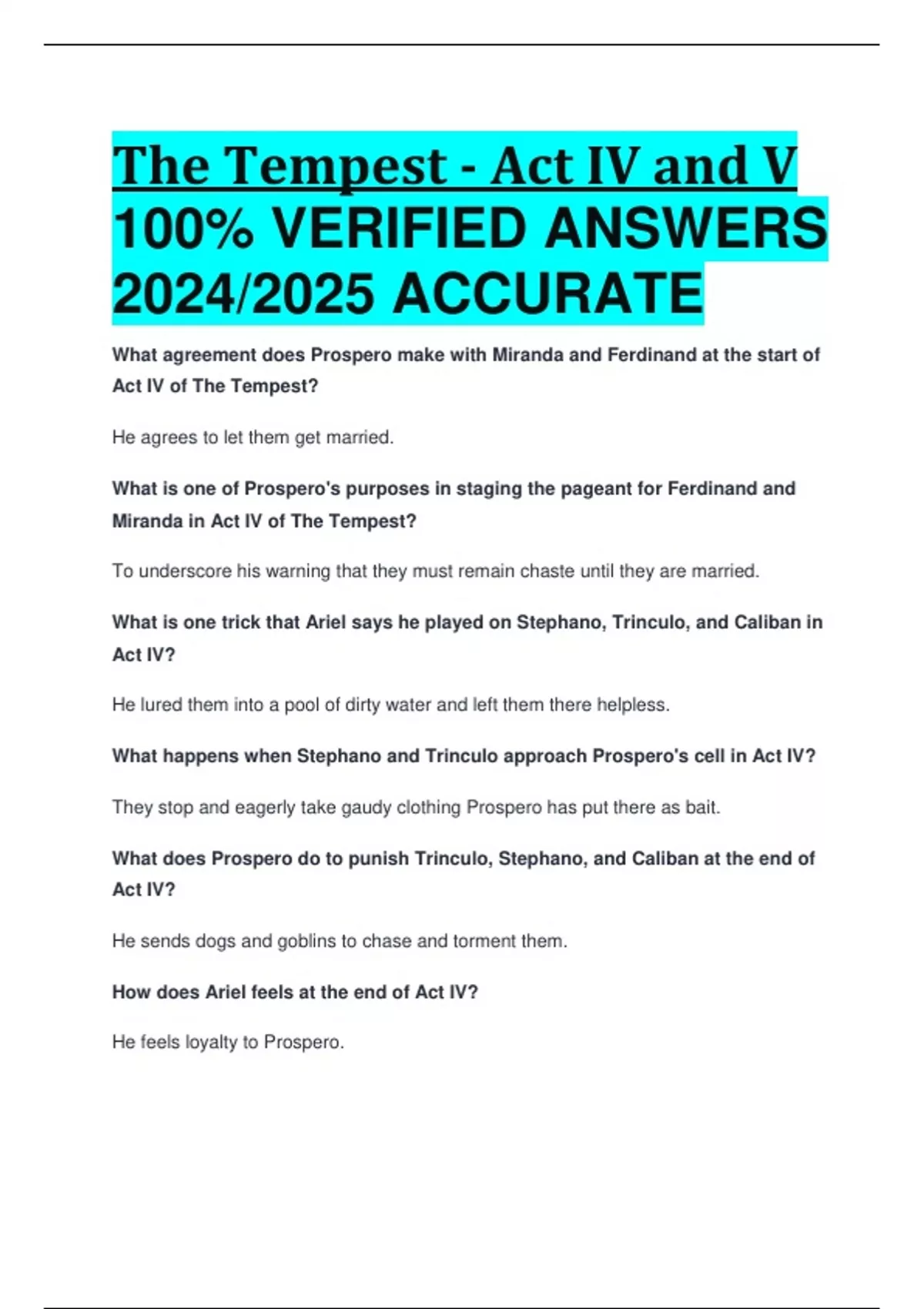BEST REVIEW The Tempest - Act IV and V 100% VERIFIED ANSWERS 2024/2025 ...