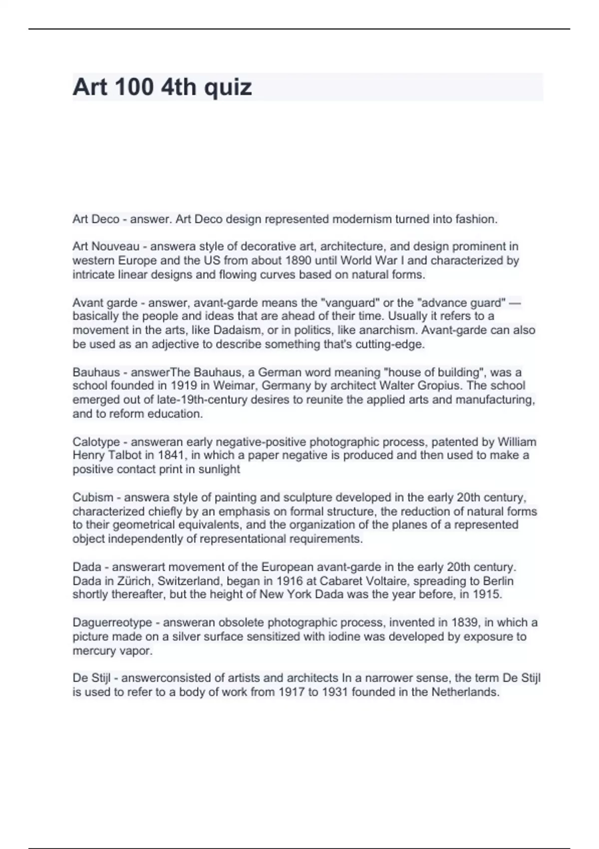 Art 100 4th quiz Questions with correct Answers 2024 - ART 100 - Stuvia US