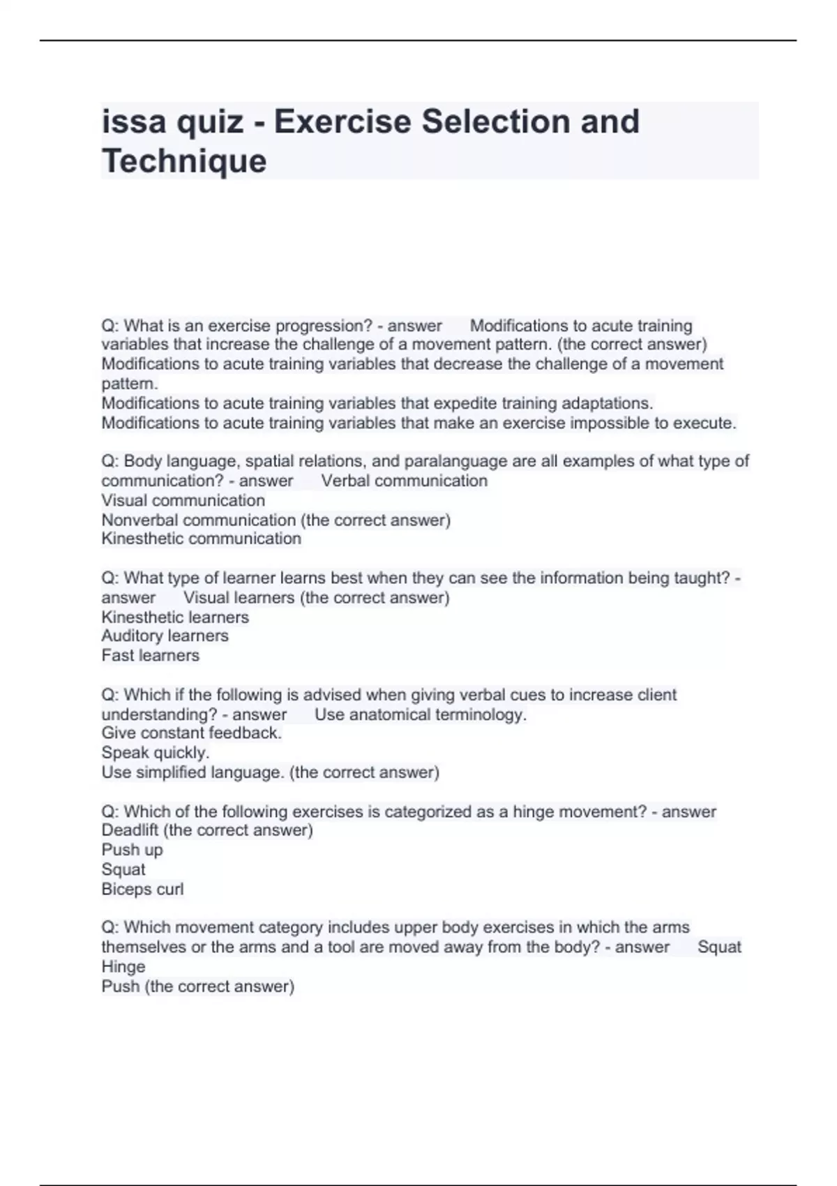 issa quiz - Exercise Selection and Technique Questions and Answers - ISSA - Stuvia US