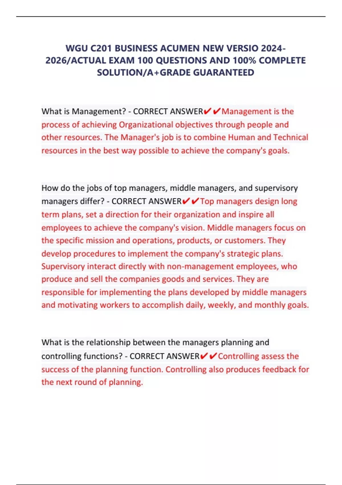 WGU C201 BUSINESS ACUMEN NEW VERSION /ACTUAL EXAM 100 QUESTIONS AND 100 ...