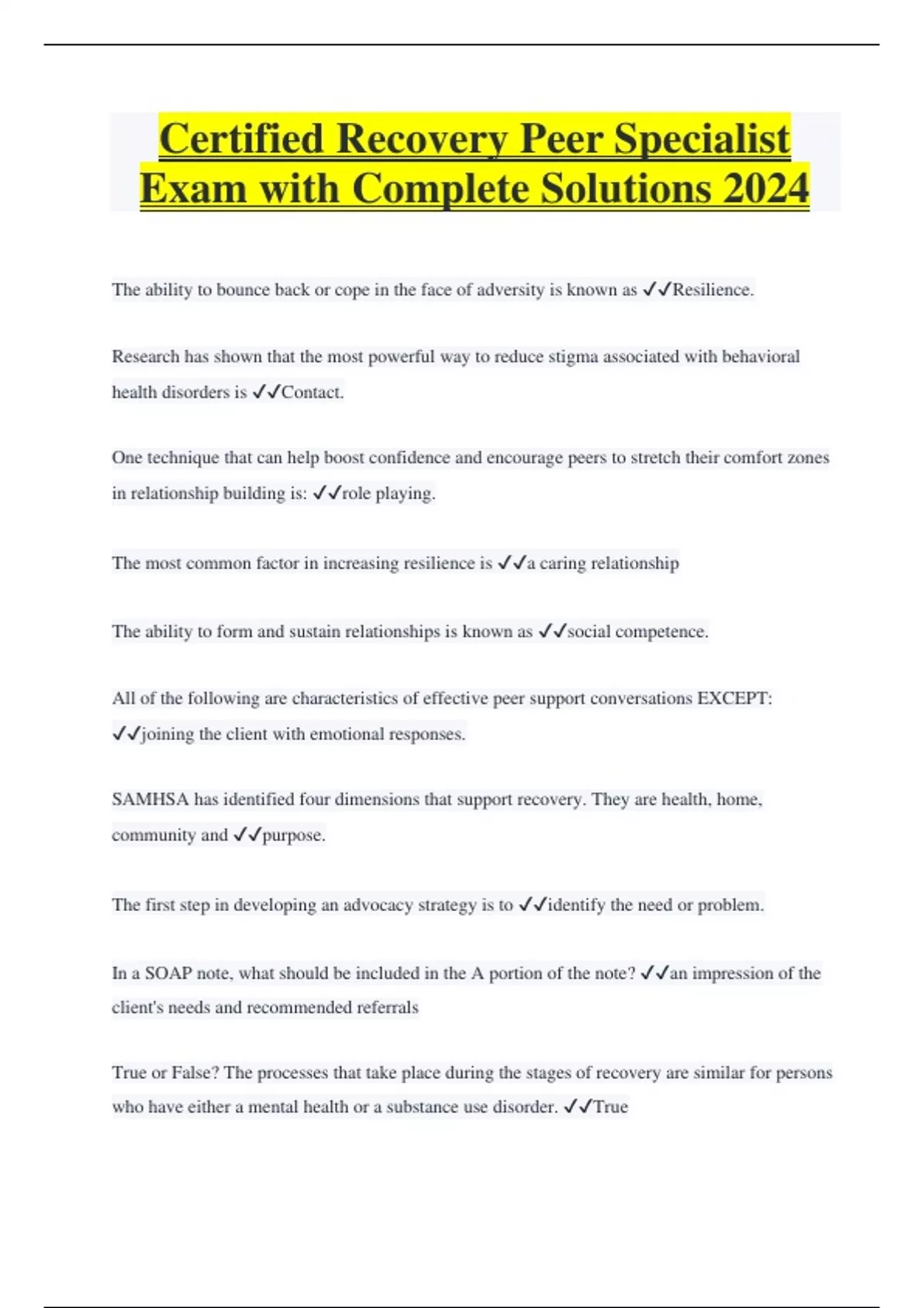 Certified Recovery Peer Specialist Exam with Complete Solutions 2024 ...