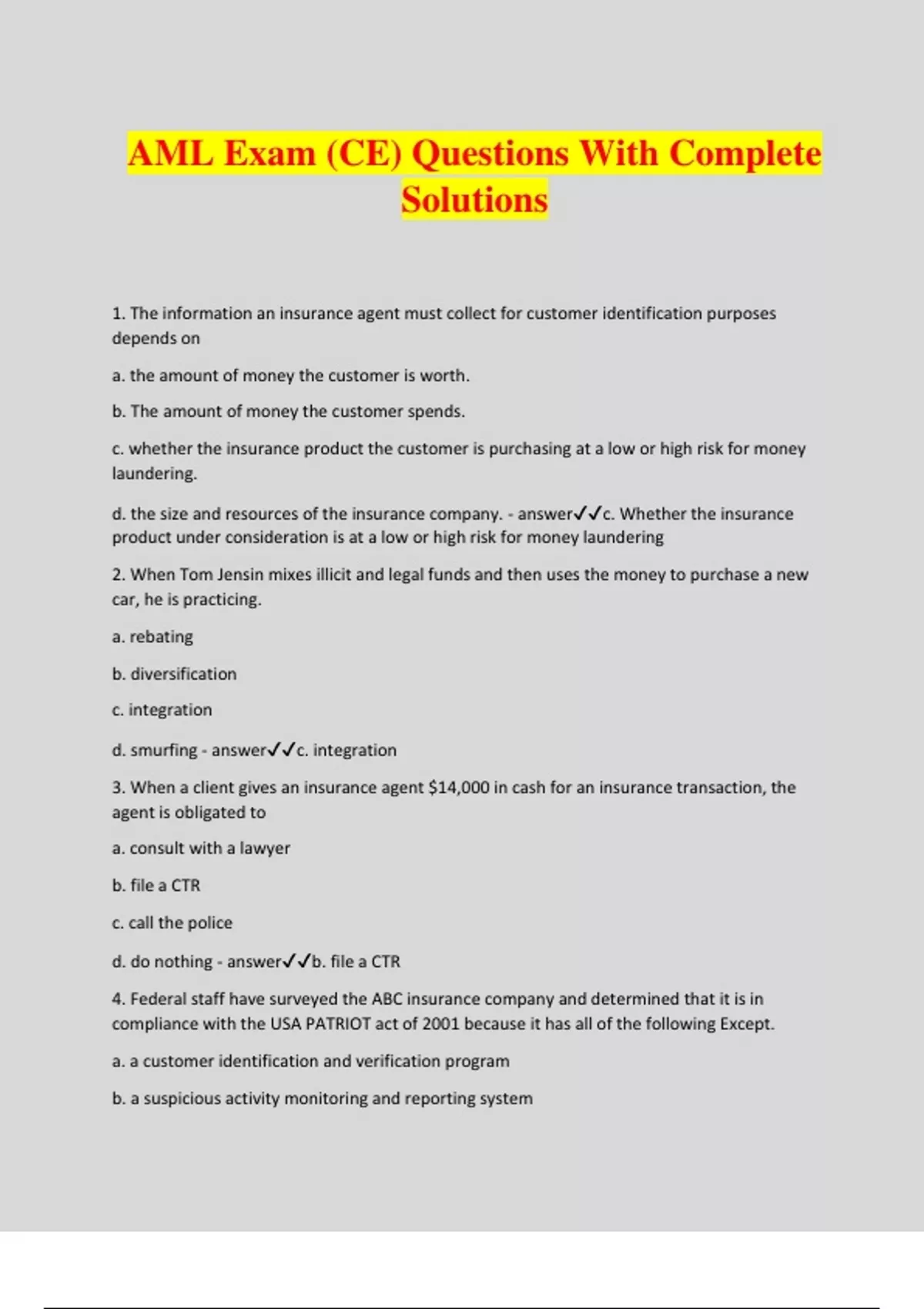 AML Exam (CE) Questions With Complete Solutions - AML - Stuvia US