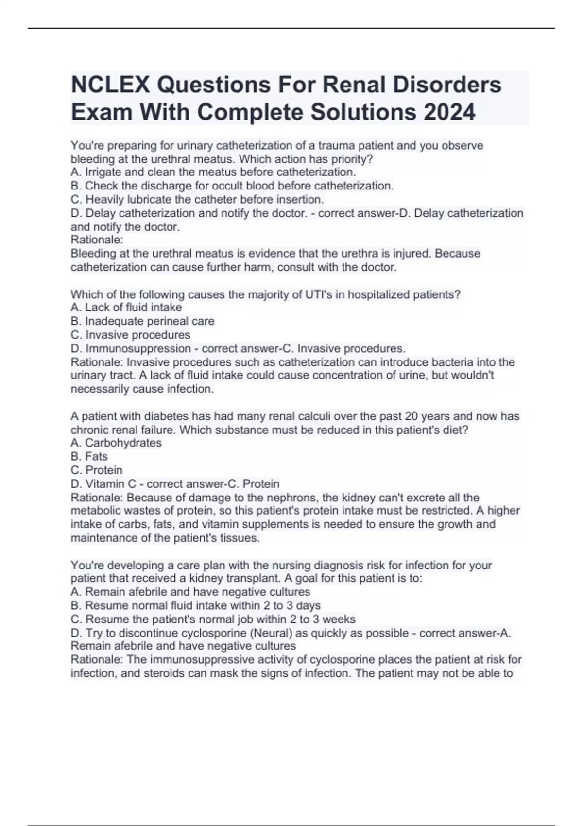 NCLEX Questions For Renal Disorders Exam With Complete Solutions 2024 ...