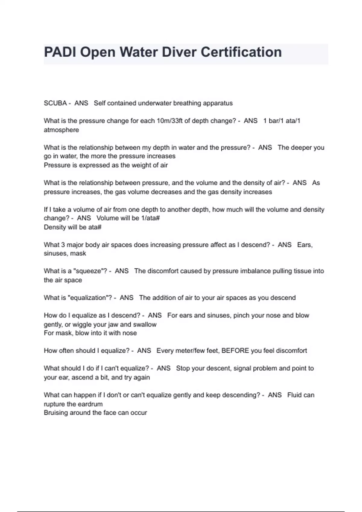 PADI Open Water Diver Certification Exam Questions And Answers - PADI Open Water Diver - Stuvia US