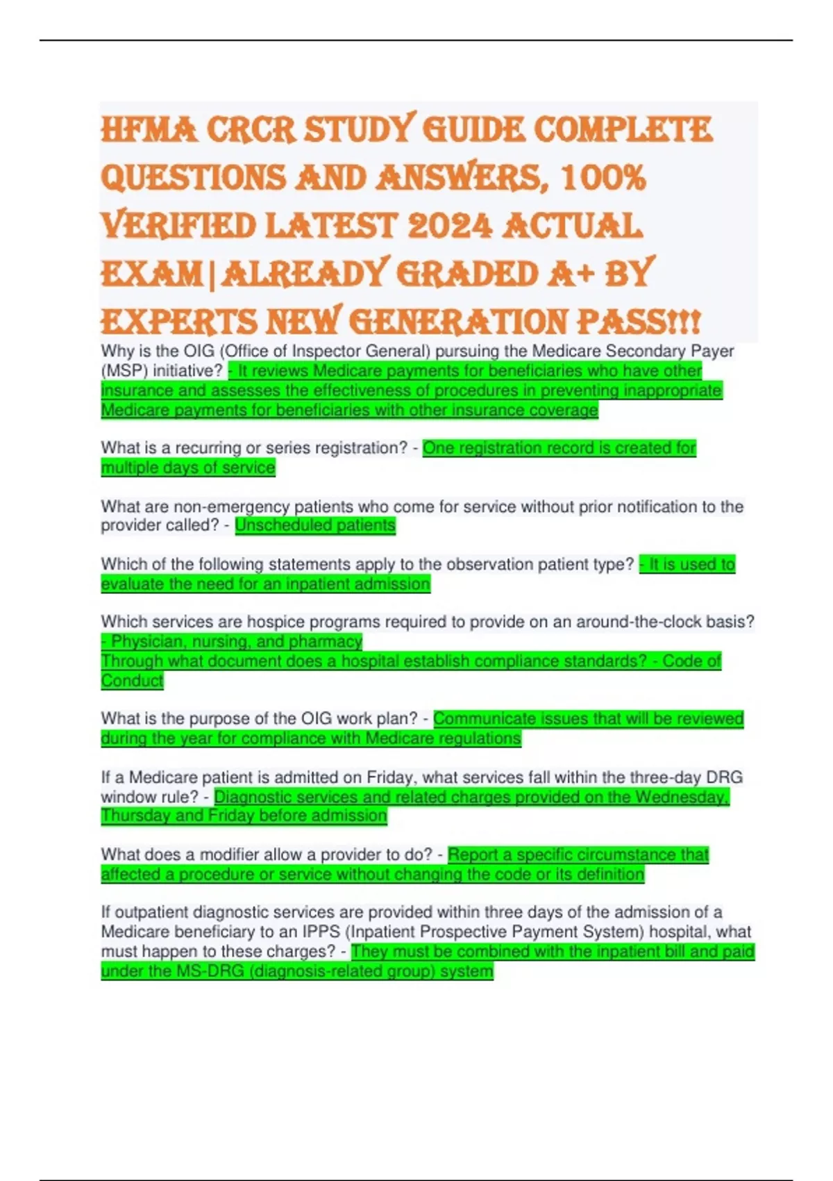 HFMA CRCR Study Guide COMPLETE QUESTIONS AND ANSWERS, 100% VERIFIED ...