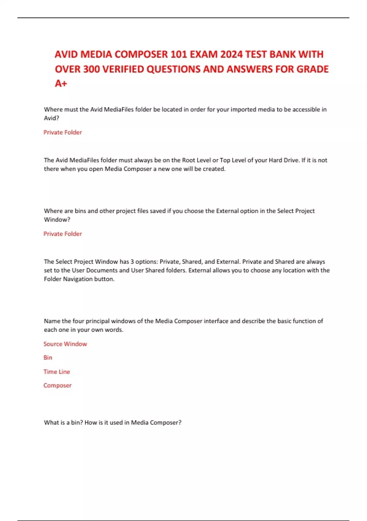 AVID MEDIA COMPOSER 101 EXAM 2024 TEST BANK WITH OVER 300 VERIFIED ...