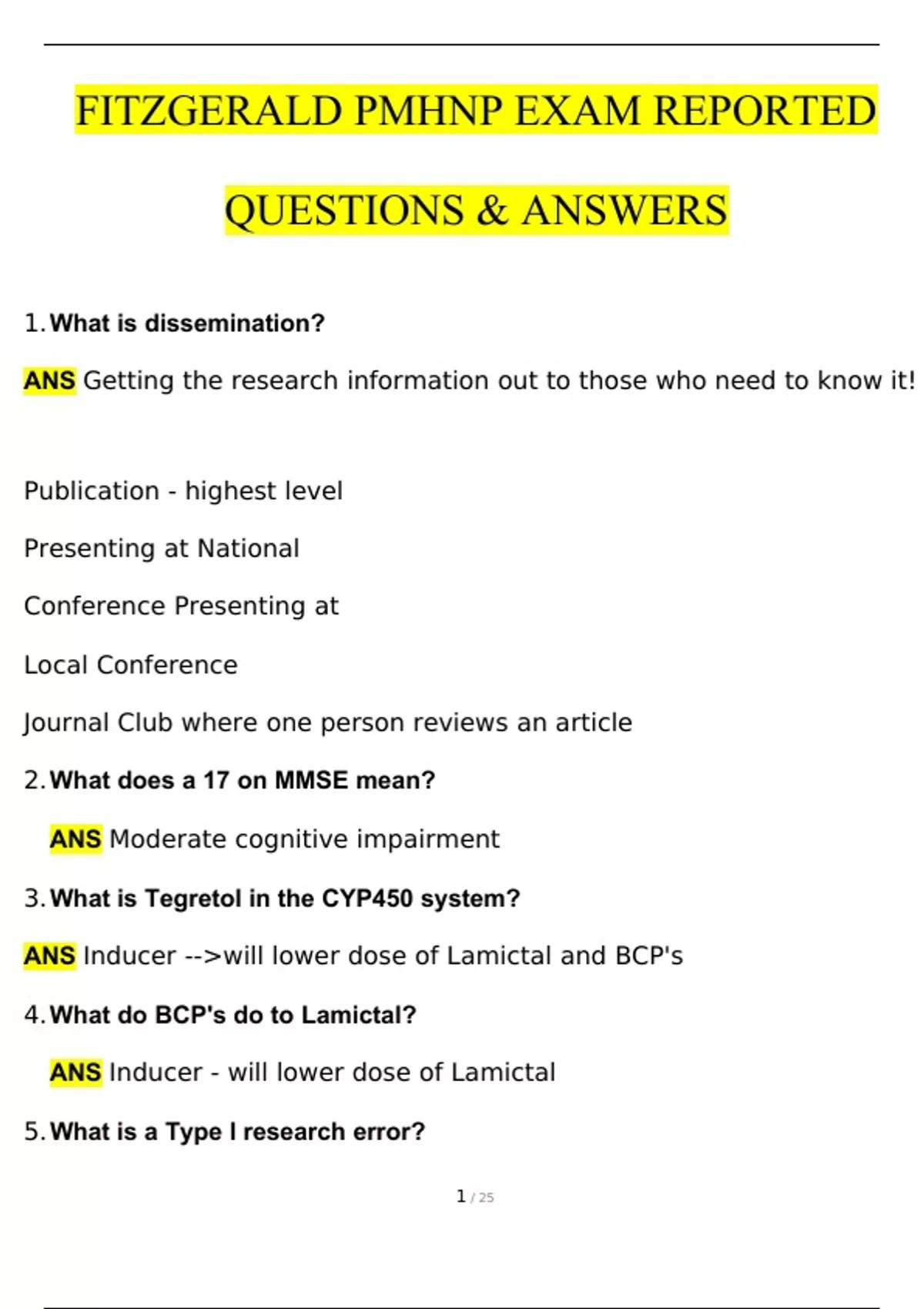 Fitzgerald PMHNP Exam Reported Questions and Answers (2024 / 2025 ...