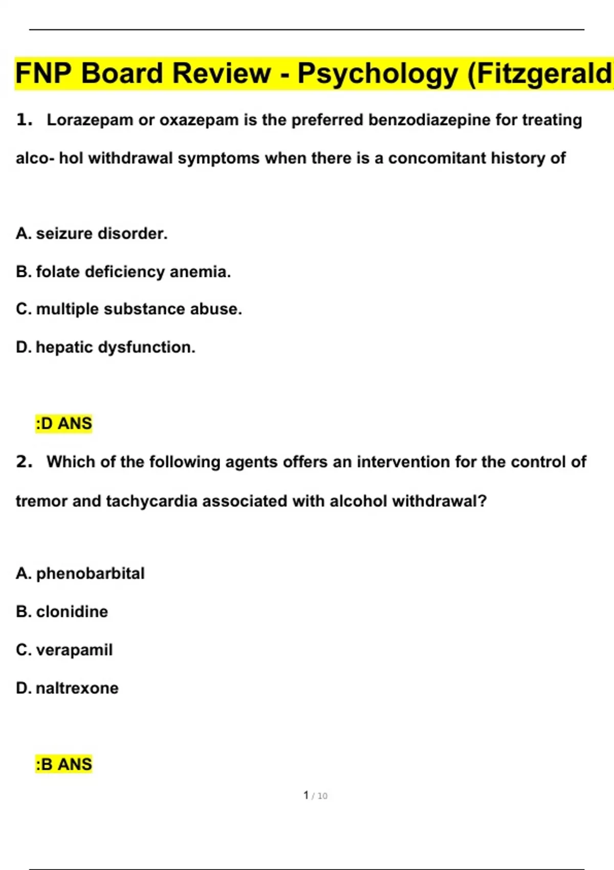 Fitzgerald FNP Board Review - Psychology Questions and Answers (2024 / ...