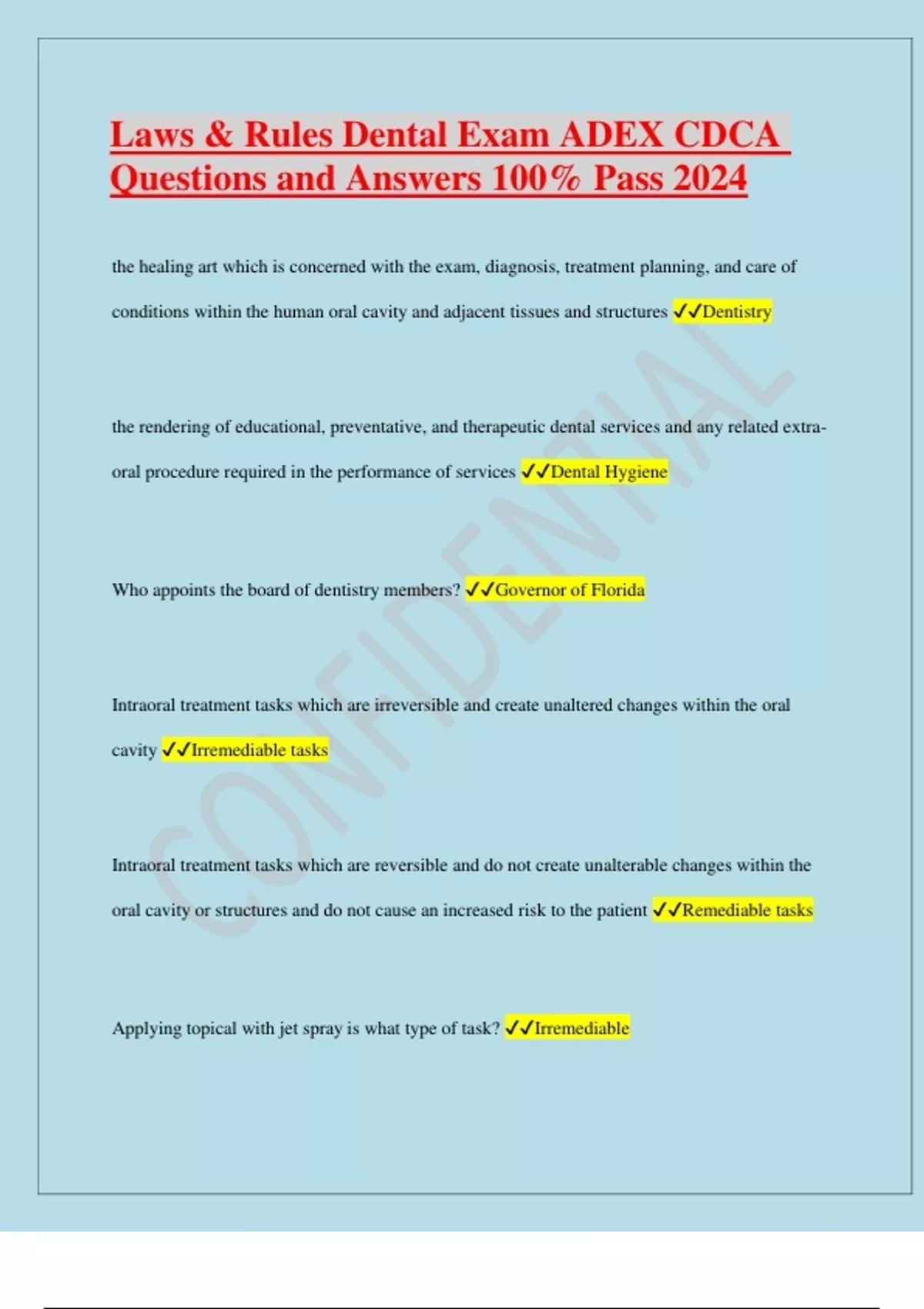 Laws & Rules Dental Exam ADEX CDCA Questions and Answers 100% Pass 2024 ...