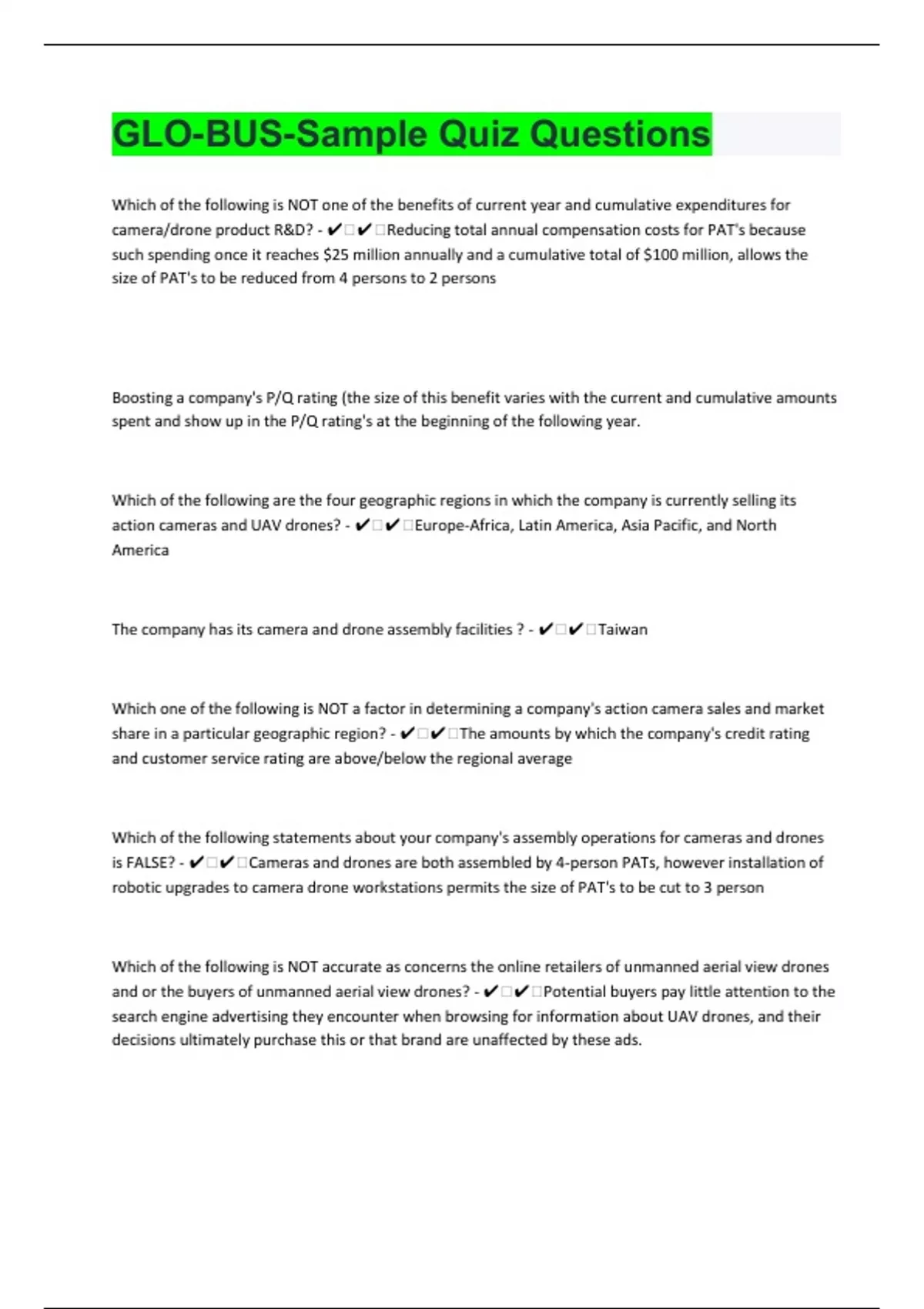 GLO-BUS-Sample Quiz 79 Questions And Answers - GLO-BUS - Stuvia US