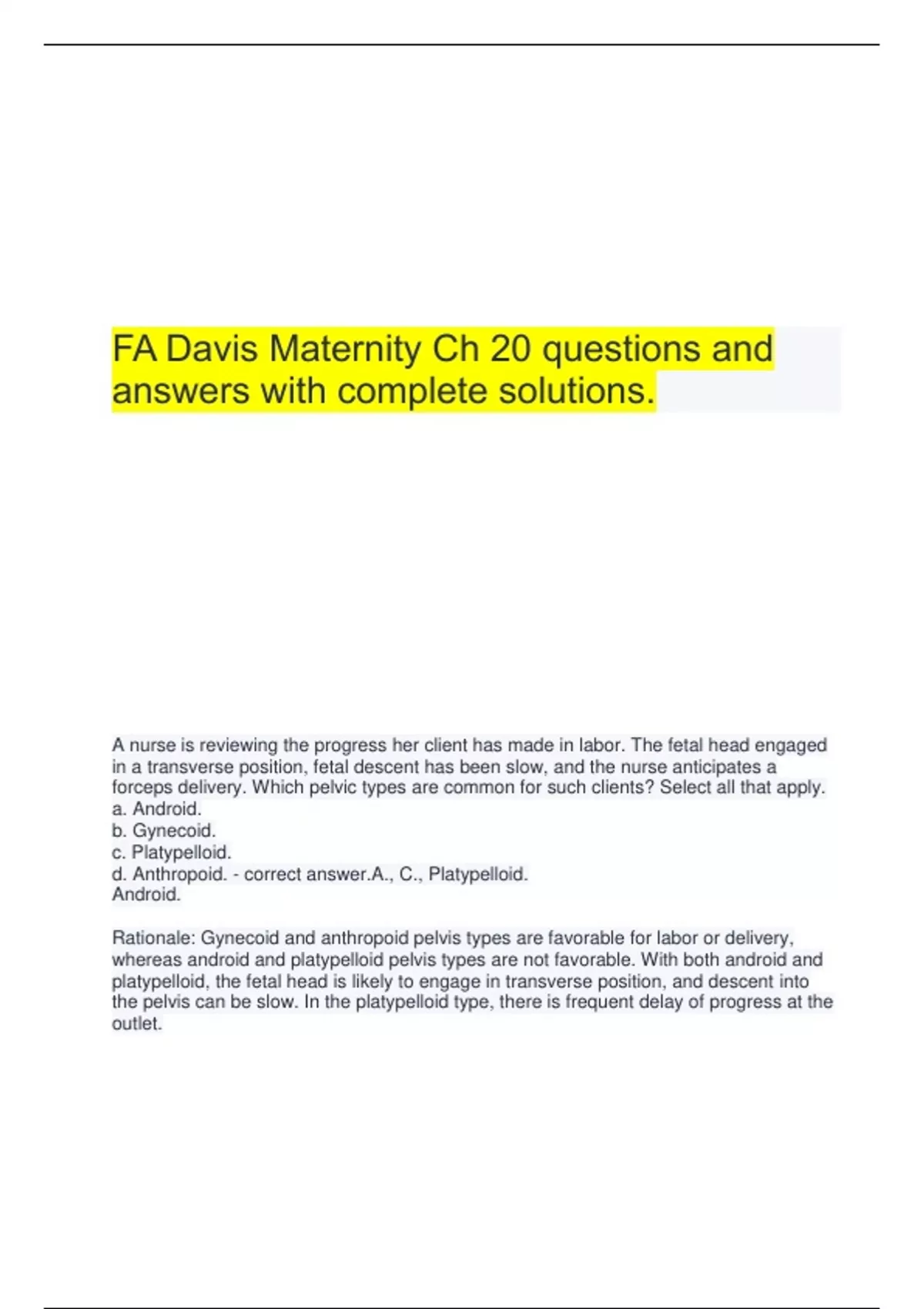 FA Davis Maternity Ch 20 questions and answers with complete solutions ...