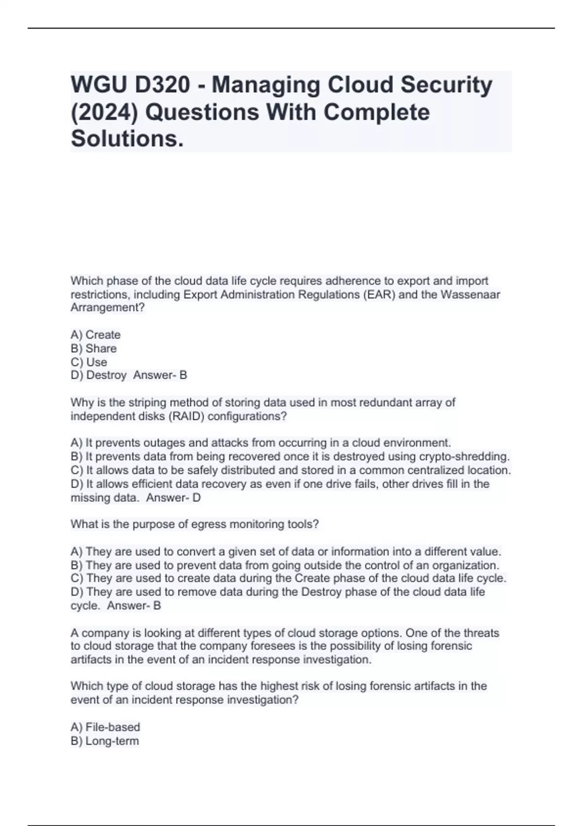 WGU D320 - Managing Cloud Security (2024) Questions With Complete ...