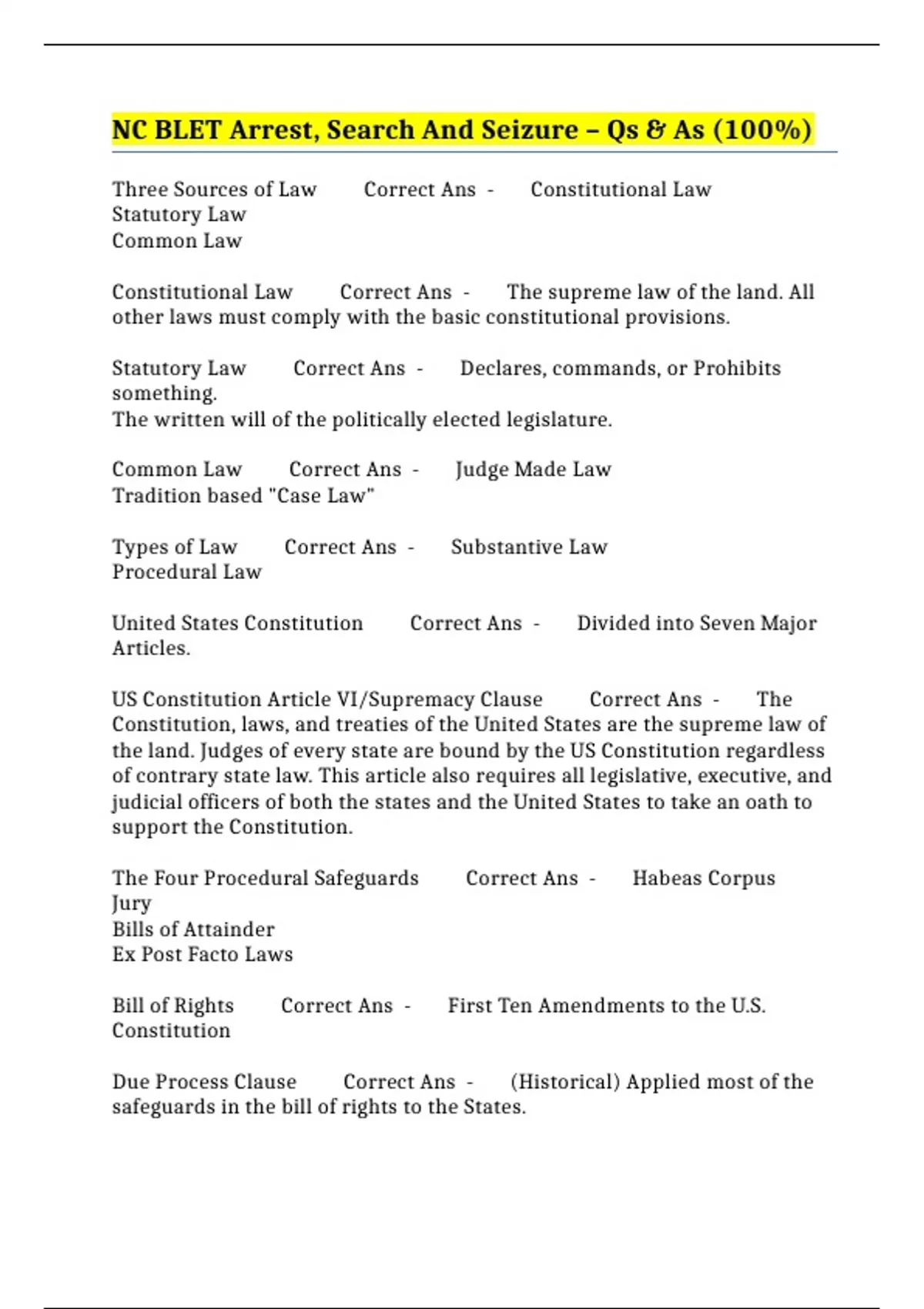 NC BLET Arrest, Search And Seizure – Qs & As (100%) - NC BLET - Stuvia US