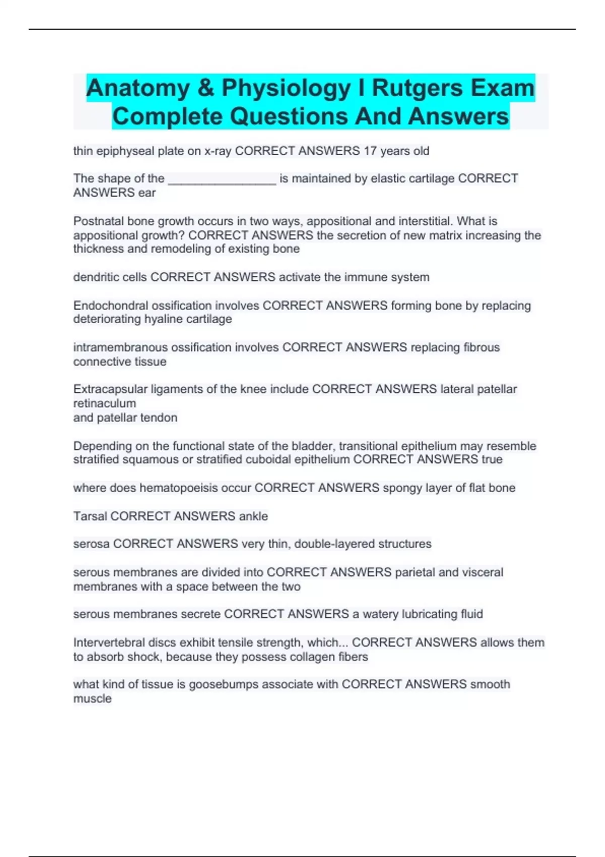 Anatomy & Physiology I Rutgers Exam Complete Questions And Answers ...