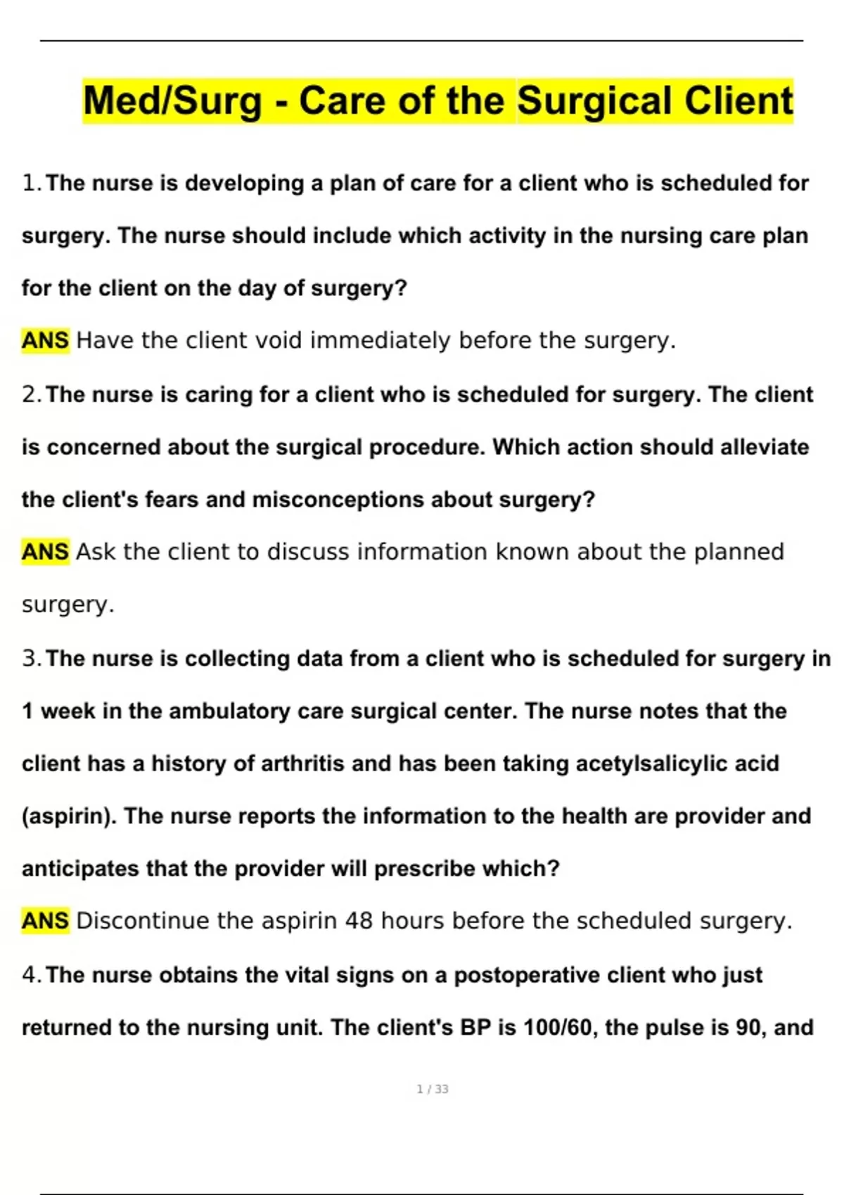 Med-Surg - Care of the Surgical Client Questions and Answers (2024 / ...