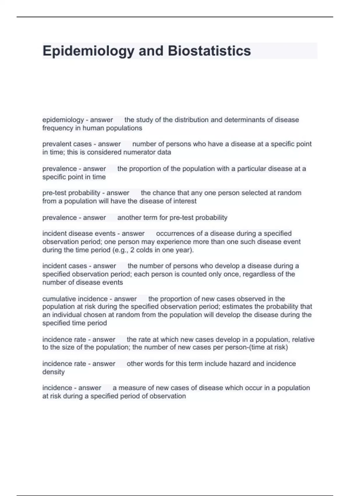 Epidemiology and Biostatistics Questions with correct Answers 2024 - Biostats - Stuvia US