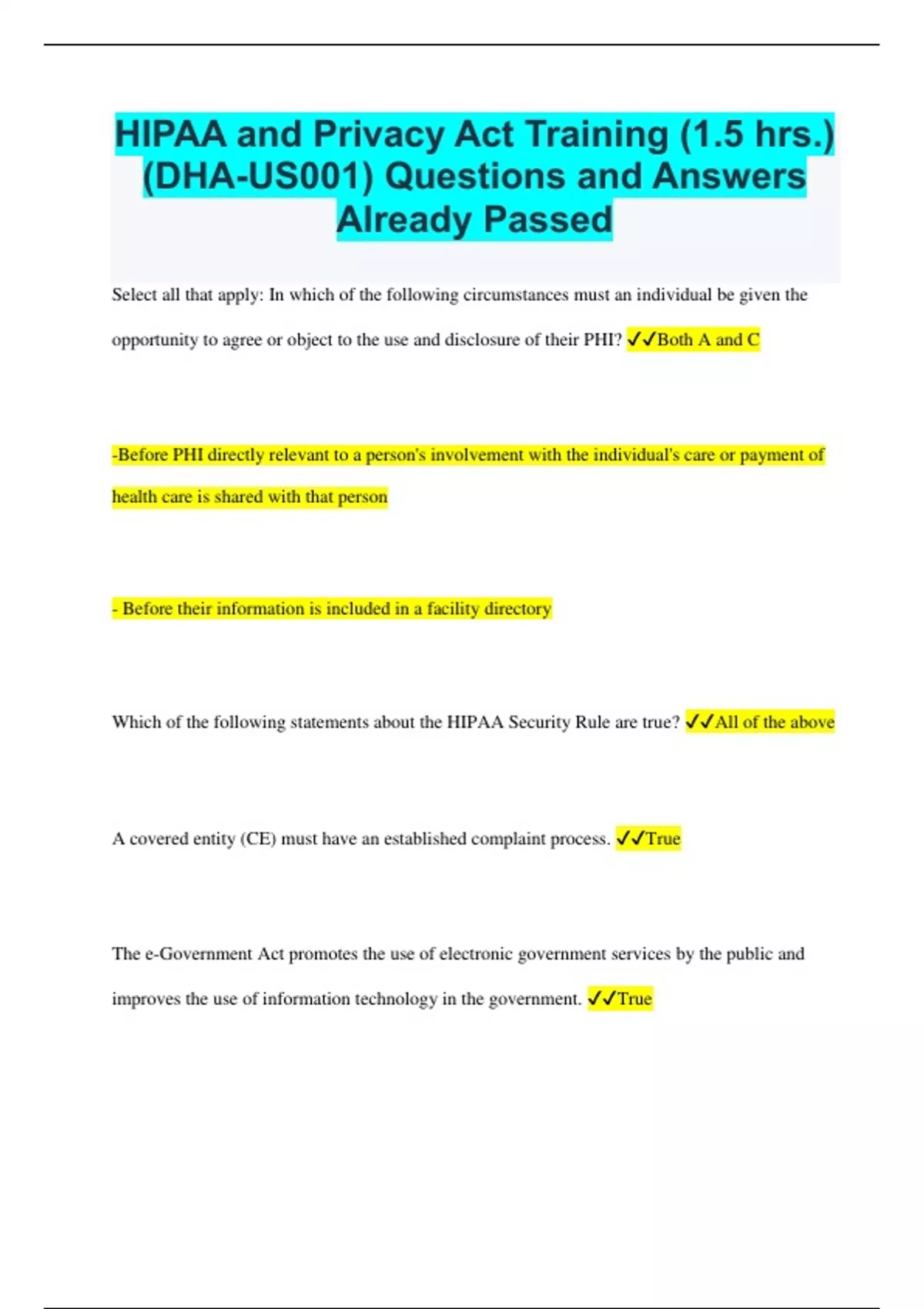 HIPAA and Privacy Act Training (1.5 hrs.) (DHA-US001) Questions and Answers Already Passed ...