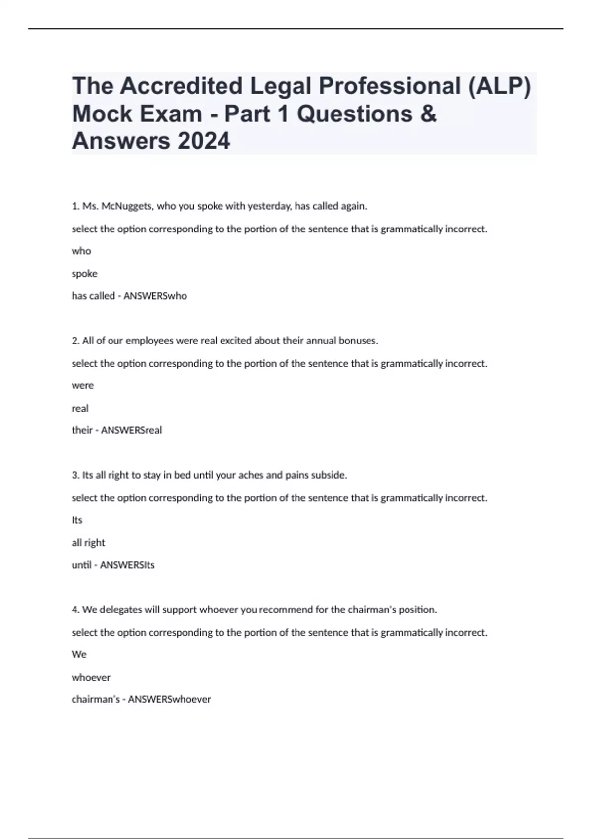 The Accredited Legal Professional (ALP) Mock Exam - Part 1 Questions ...