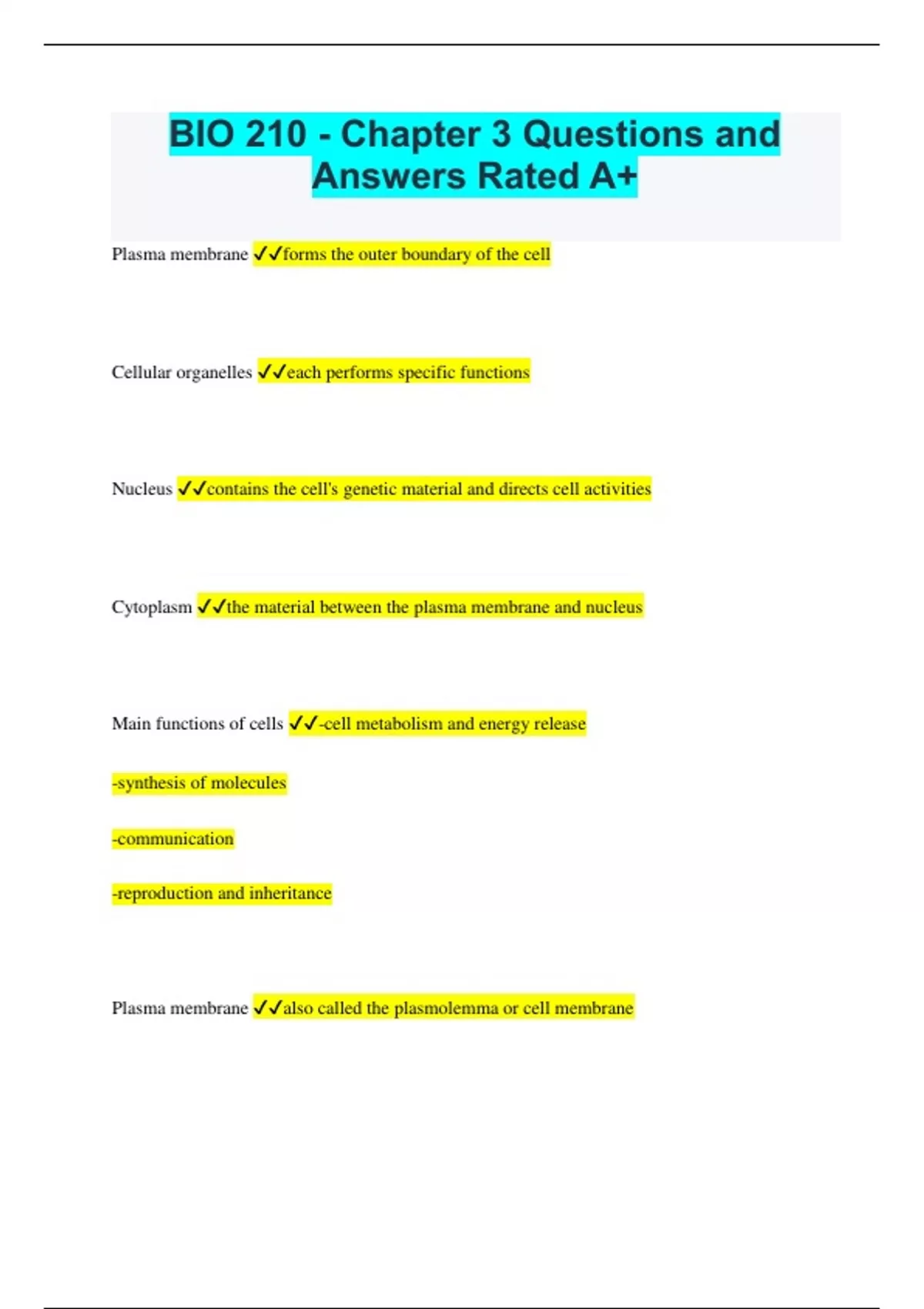 BIO 210 - Chapter 3 Questions and Answers Rated A+ - BIO 210 - Chapter 3 - Stuvia US