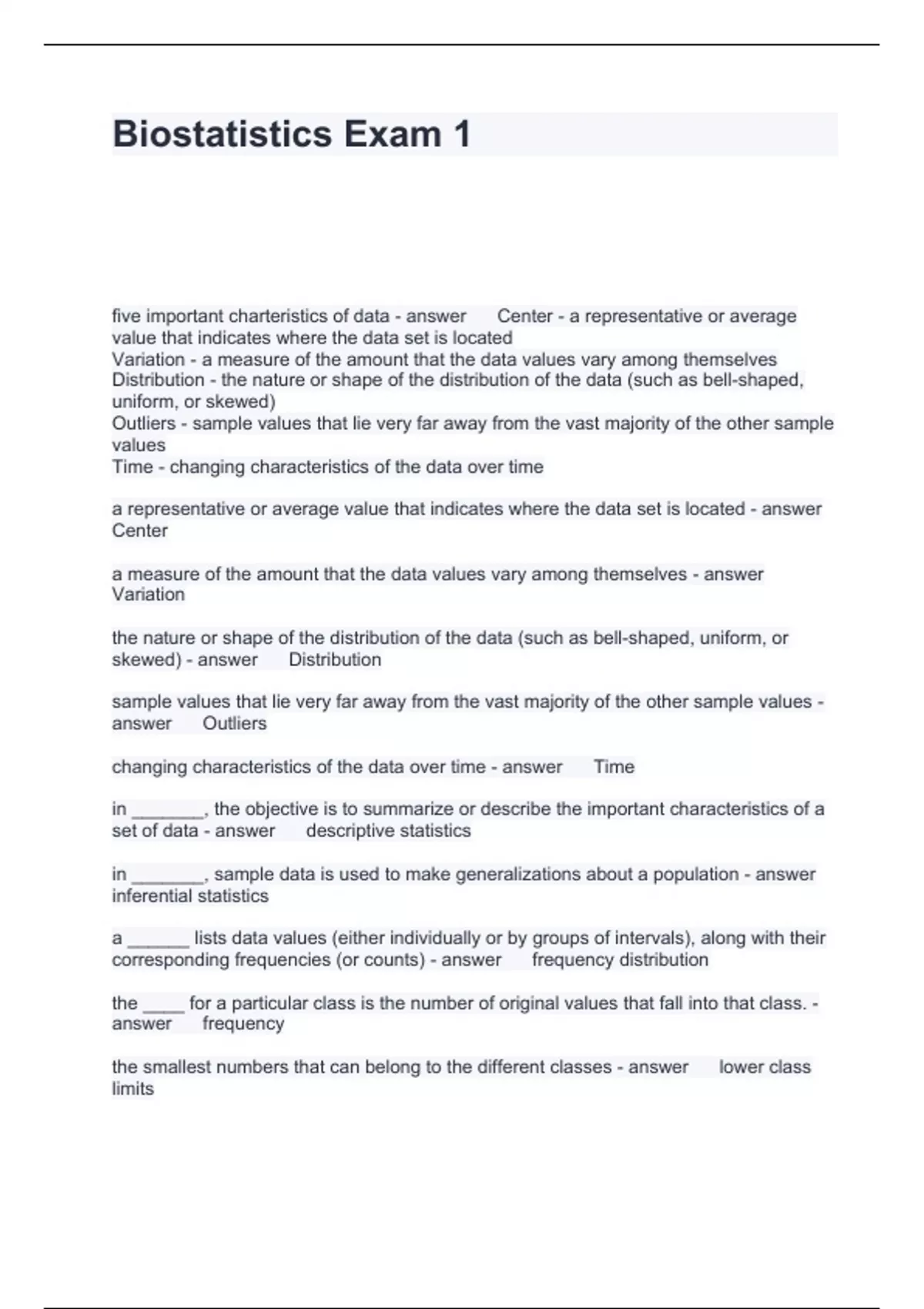 Biostatistics Exam 1 Questions with Accurate Answers 2024 - Biostats - Stuvia US