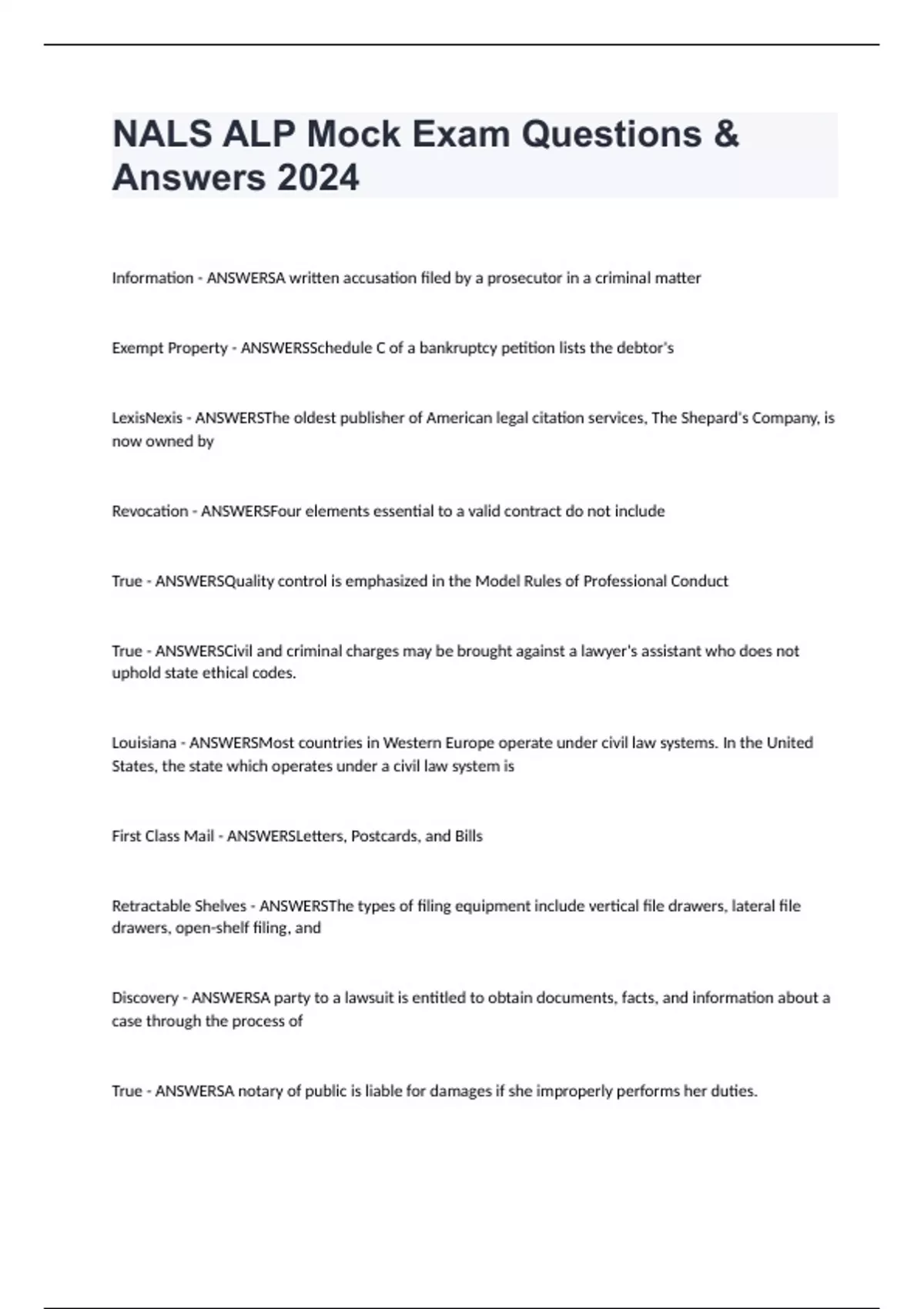 NALS ALP Mock Exam Questions & Answers 2024 - NALS ALP - Stuvia US