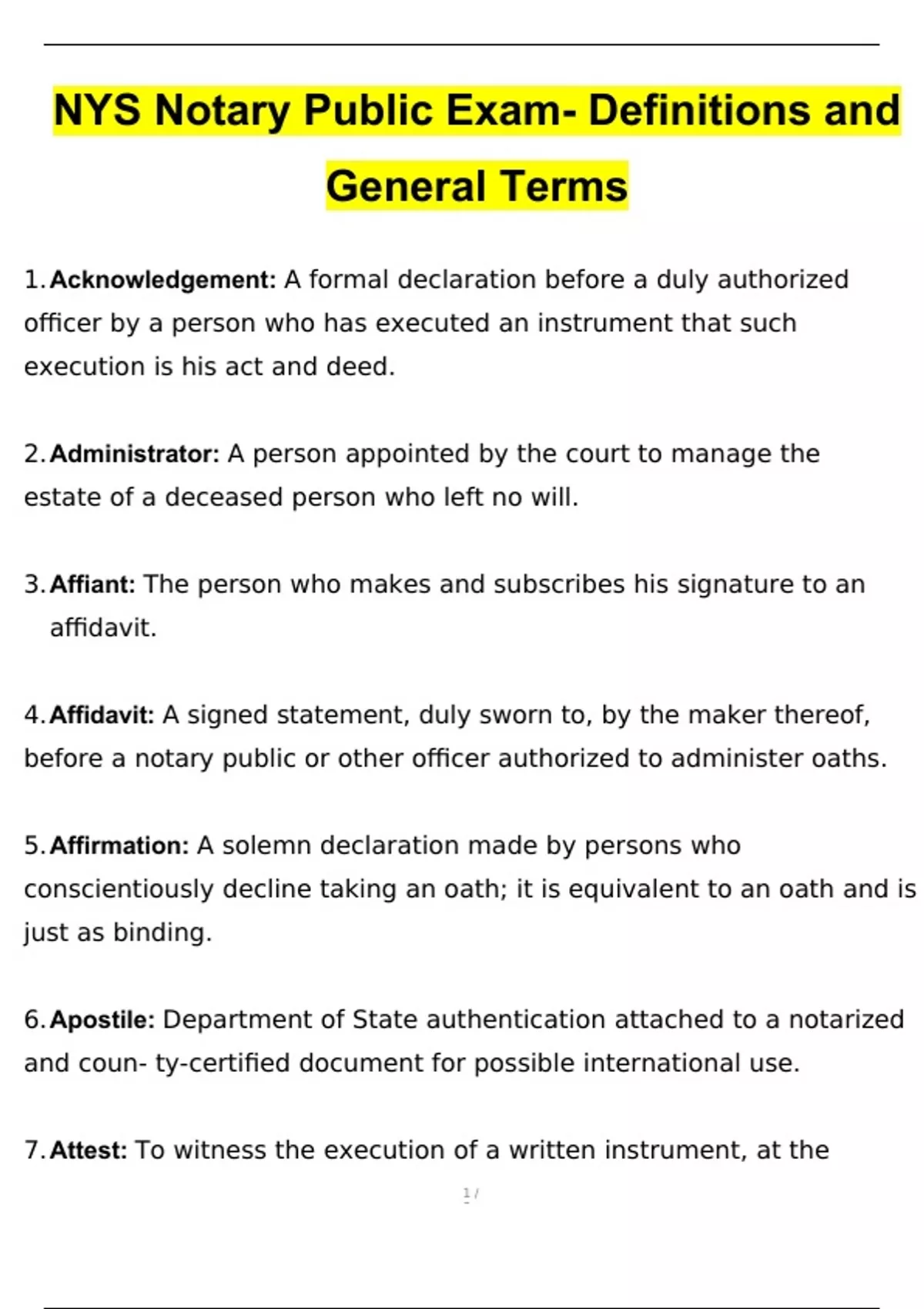 NYS Notary Public Exam- Definitions and General Terms 100% Correct ...