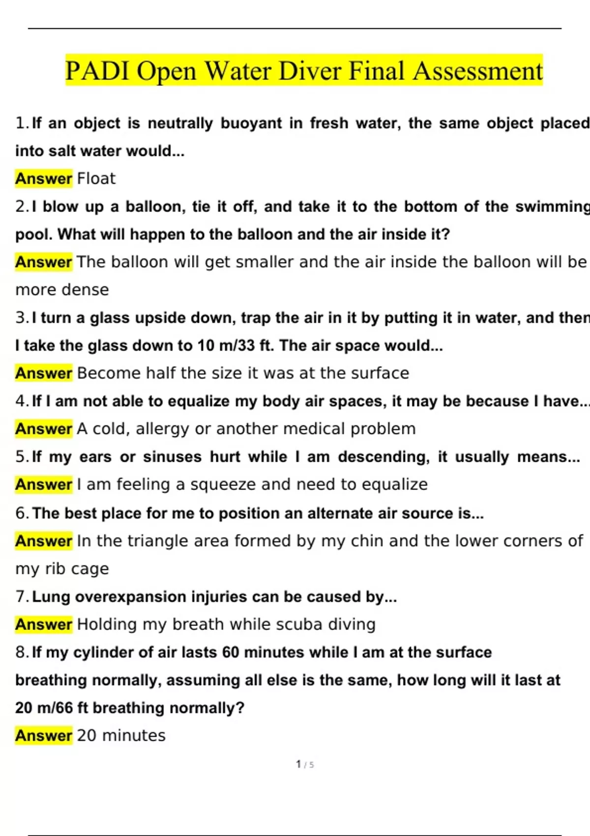 PADI Open Water Diver Final Assessment Exam Questions and Answers (2024 / 2025) (Verified ...