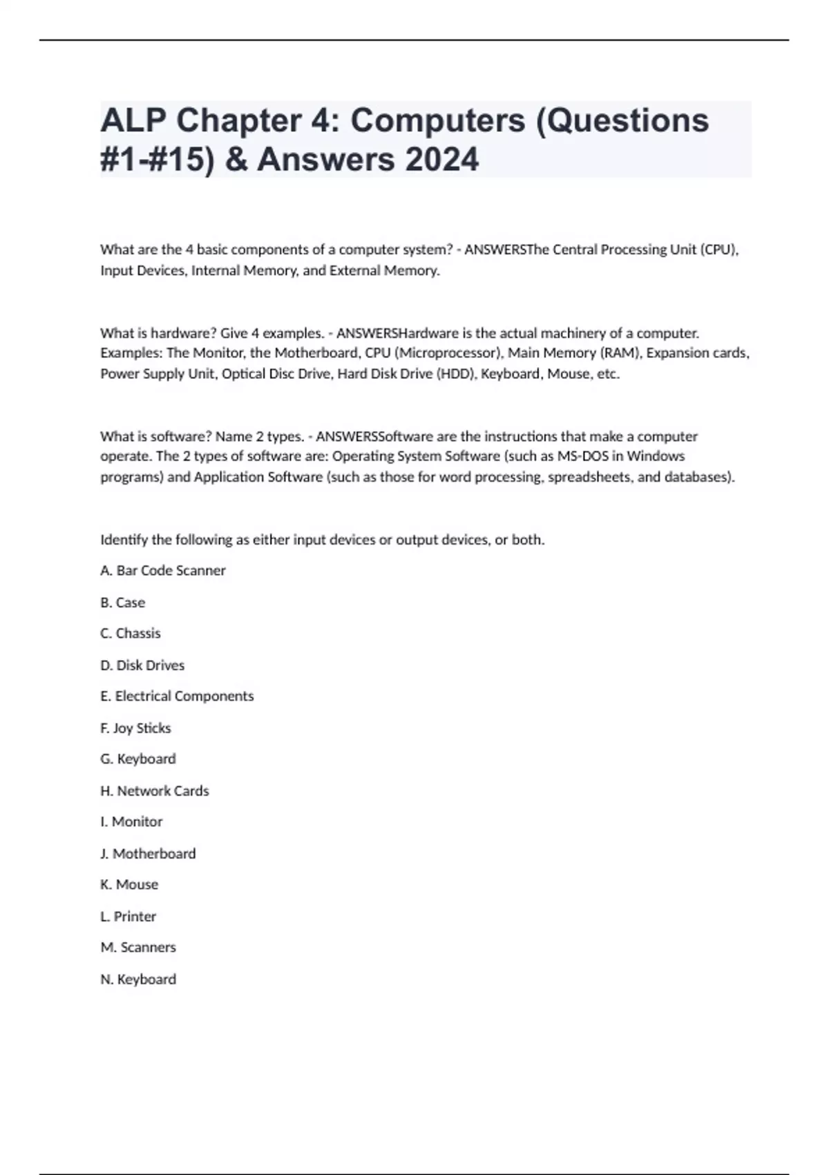 ALP Chapter 4: Computers (Questions #1-#15) & Answers 2024 - ALP Chapter 4: Computers ( - Stuvia US