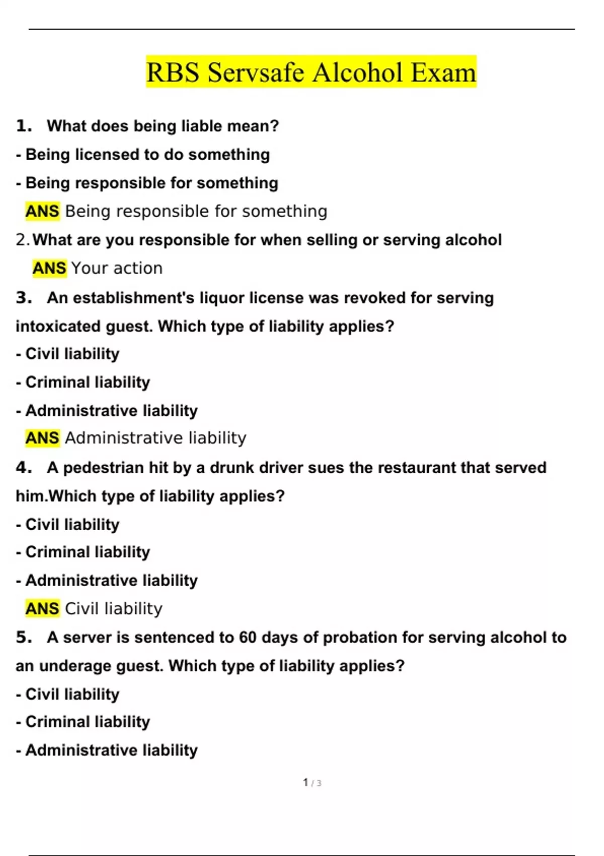 Servsafe Alcohol Exam Questions And Answers 2024 2025 Verified