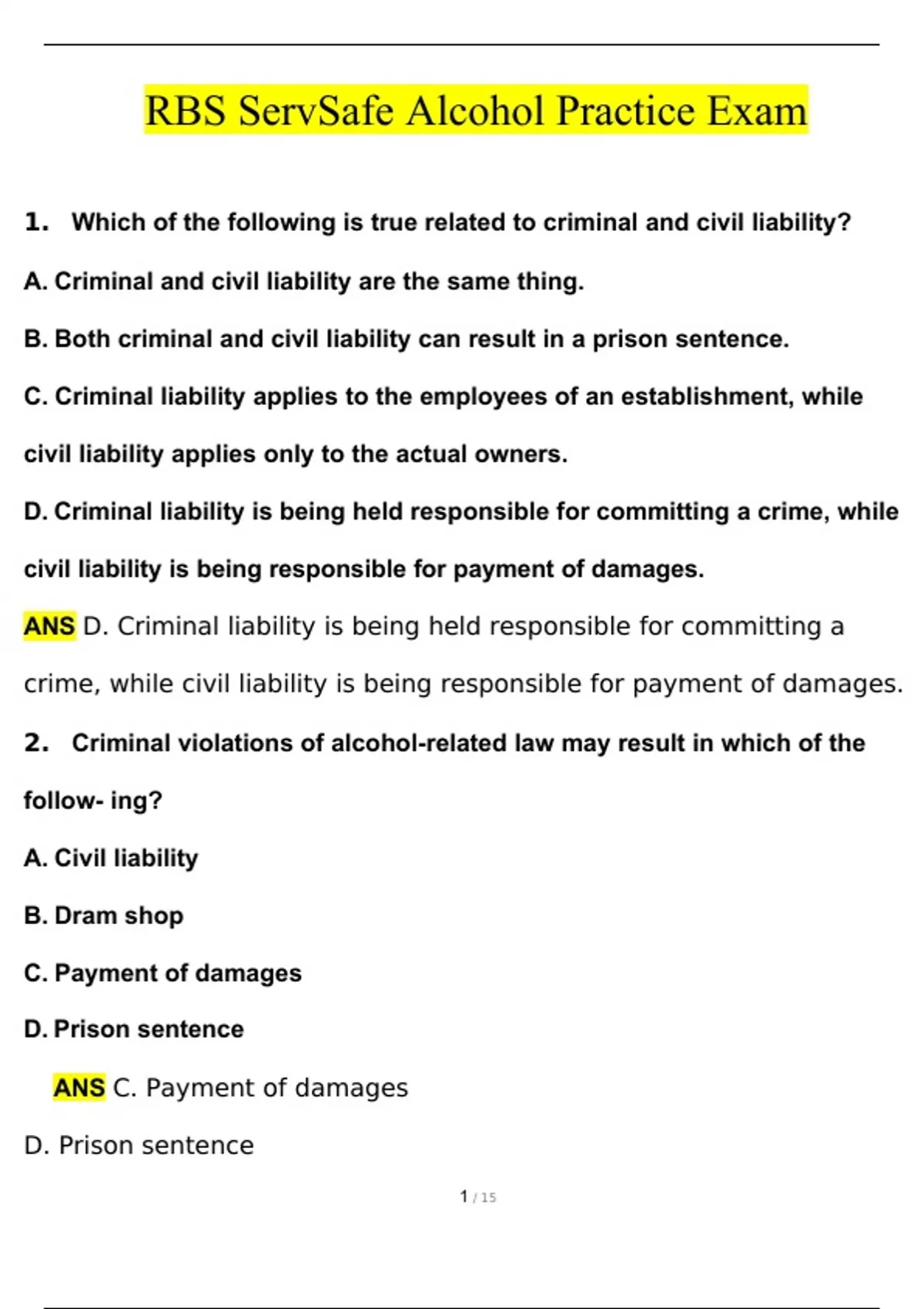 ServSafe Alcohol Practice Exam Questions and Answers (2024 / 2025 ...