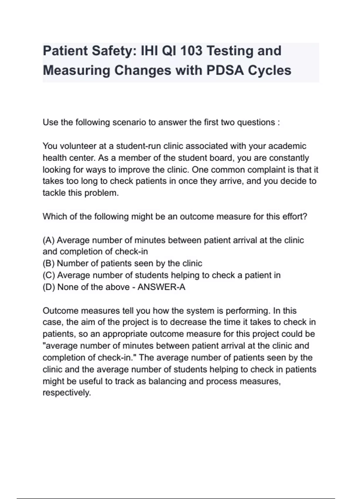 Patient Safety: IHI QI 103 Testing and Measuring Changes with PDSA ...
