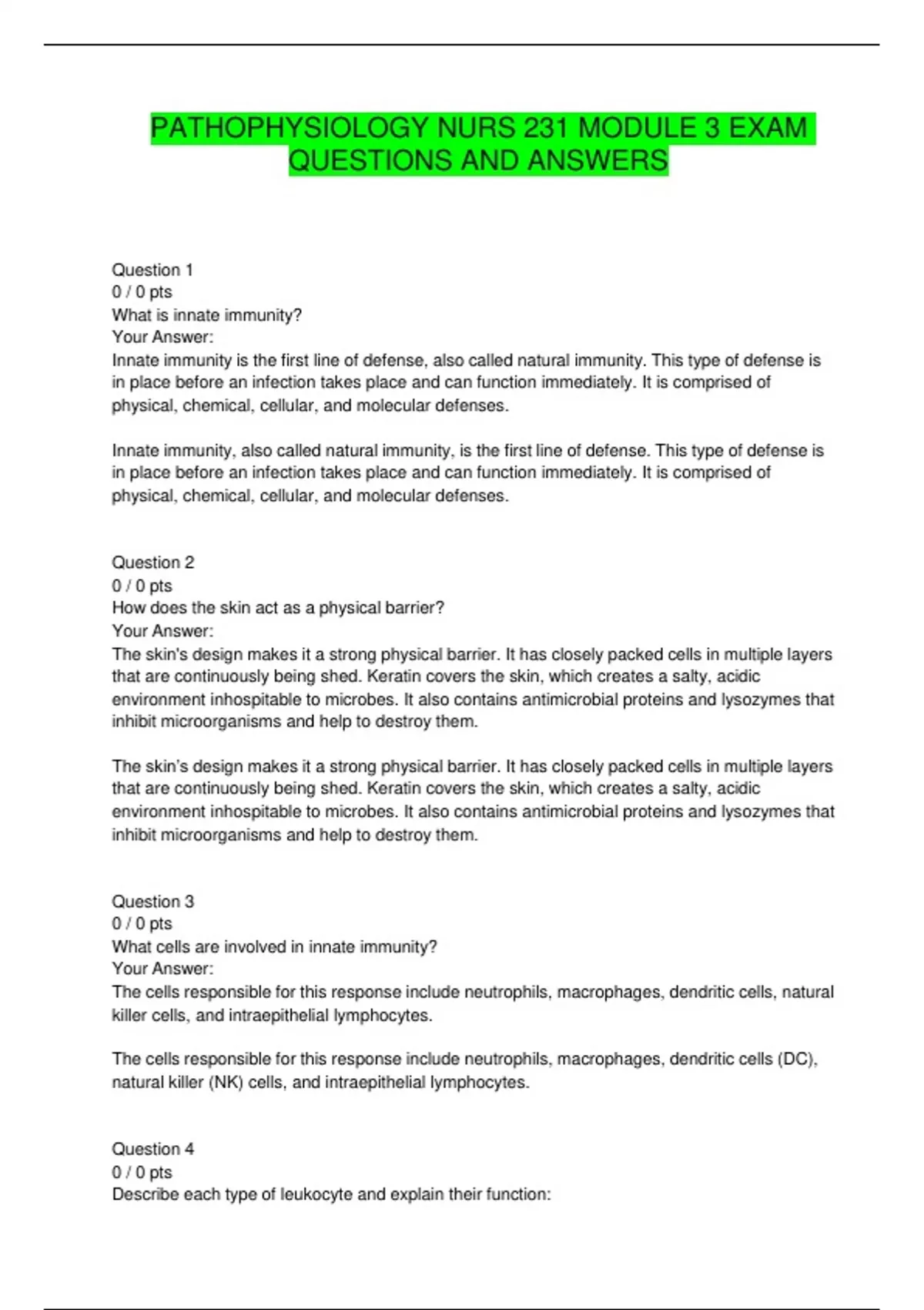 PATHOPHYSIOLOGY NURS 231 MODULE 3 EXAM QUESTIONS AND ANSWERS Question 1 ...