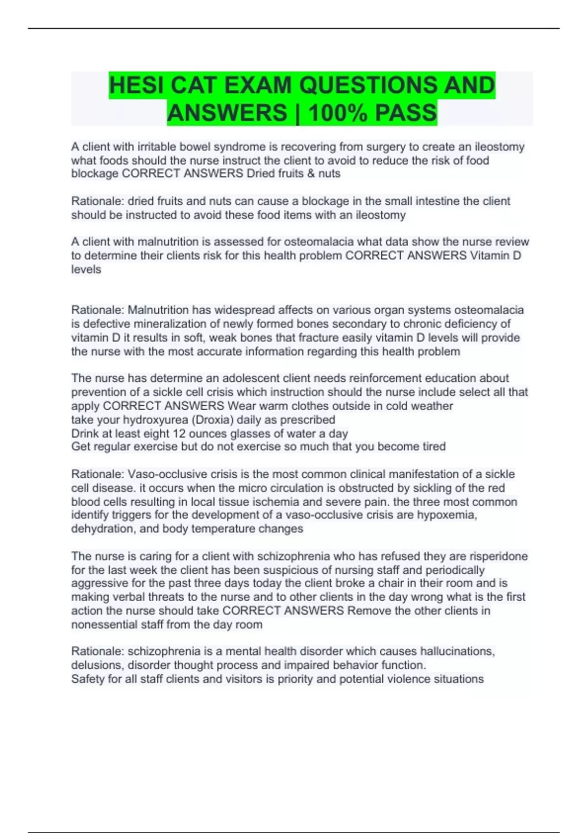 HESI CAT EXAM QUESTIONS AND ANSWERS | 100% PASS - HESI CAT - Stuvia US