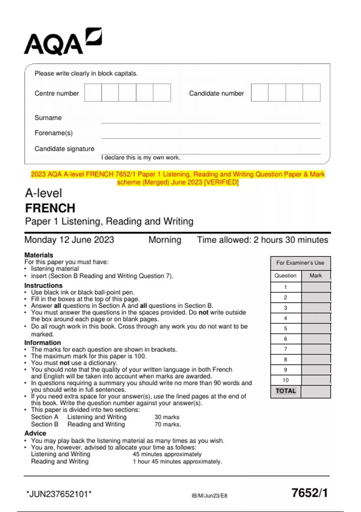 2023 AQA A-level FRENCH 7652/1 Paper 1 Listening, Reading and Writing ...