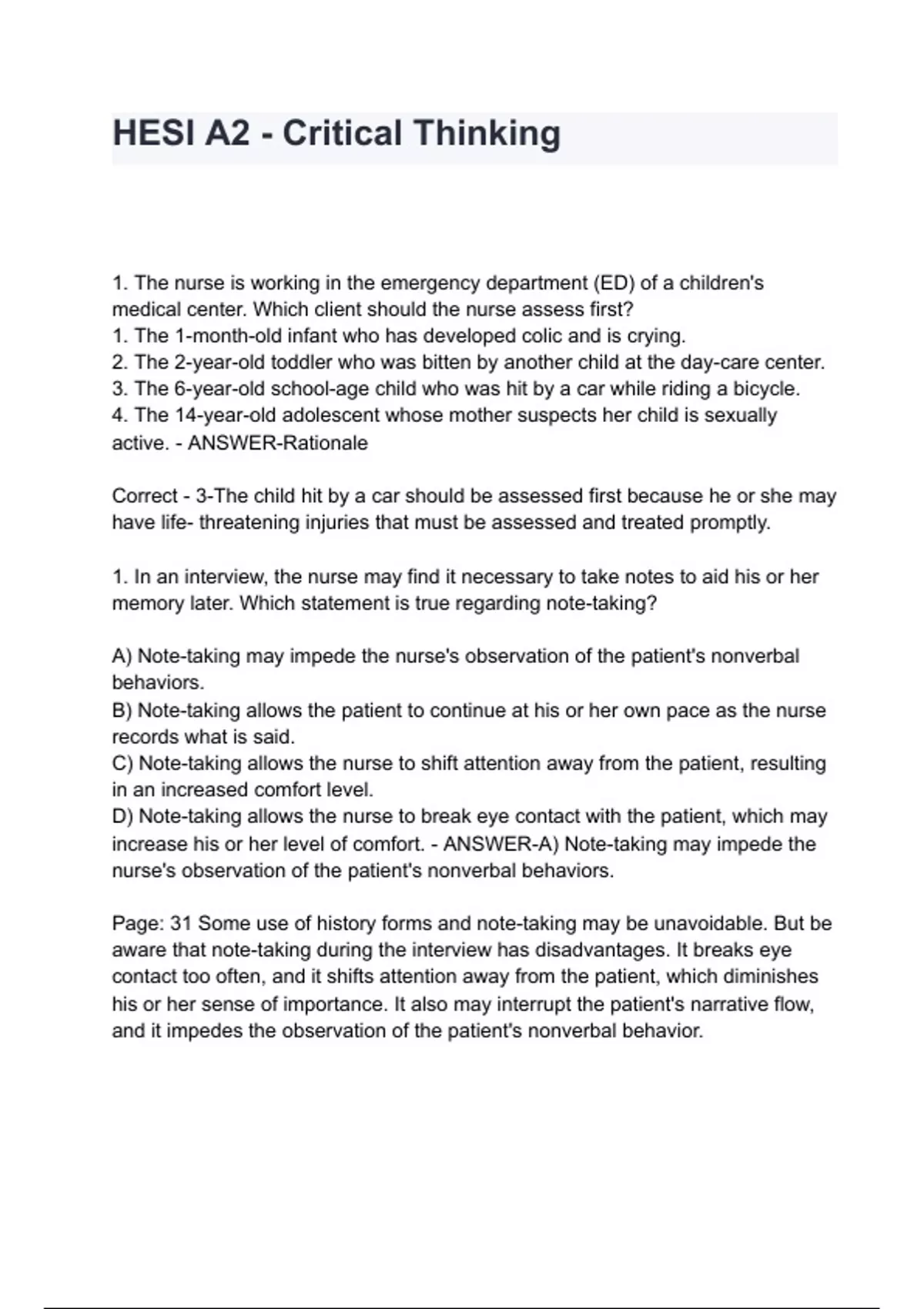 HESI A2 - Critical Thinking questions with complete solution - HESI A2 - Critical Thinking ...