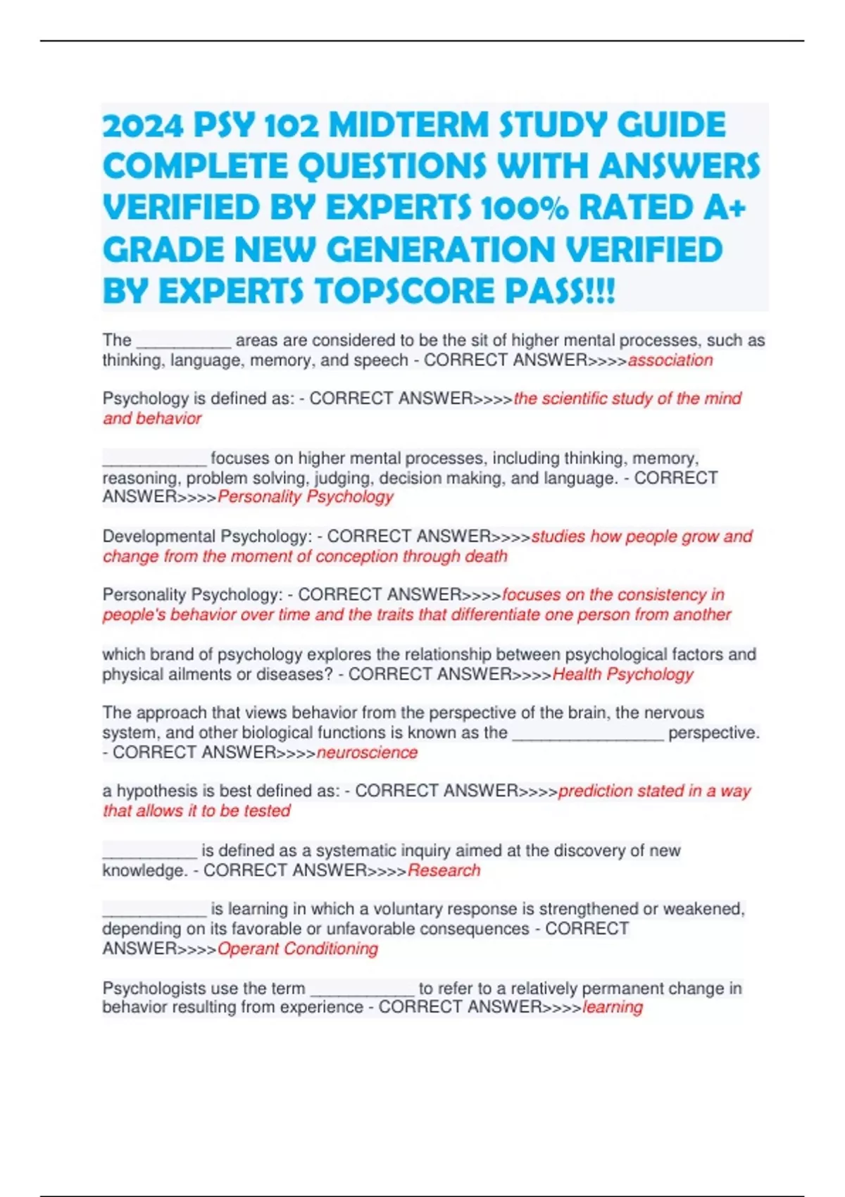 2024 PSY 102 MIDTERM STUDY GUIDE COMPLETE QUESTIONS WITH ANSWERS VERIFIED BY EXPERTS 100% RATED ...